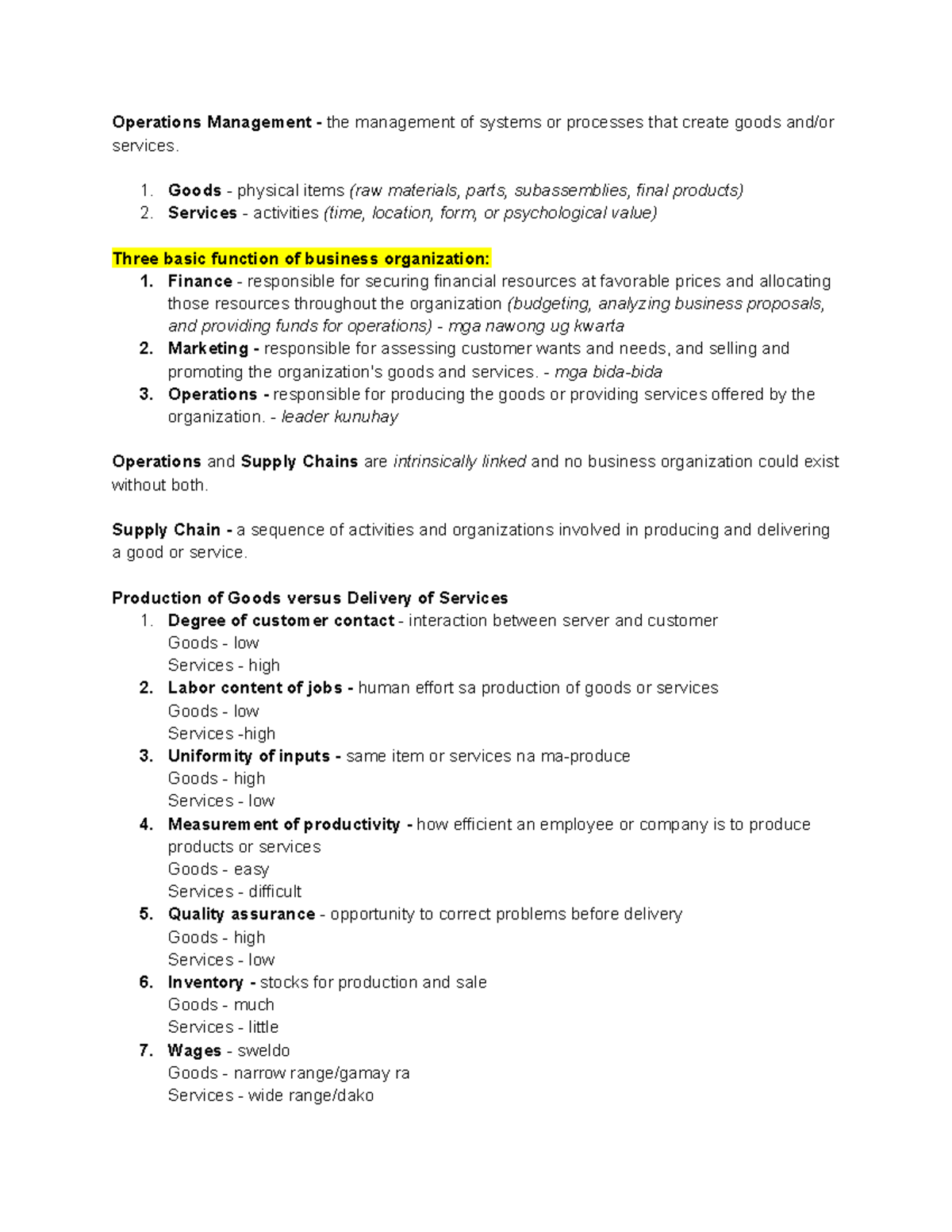 Operations Management Notes - Operations Management - the management of ...