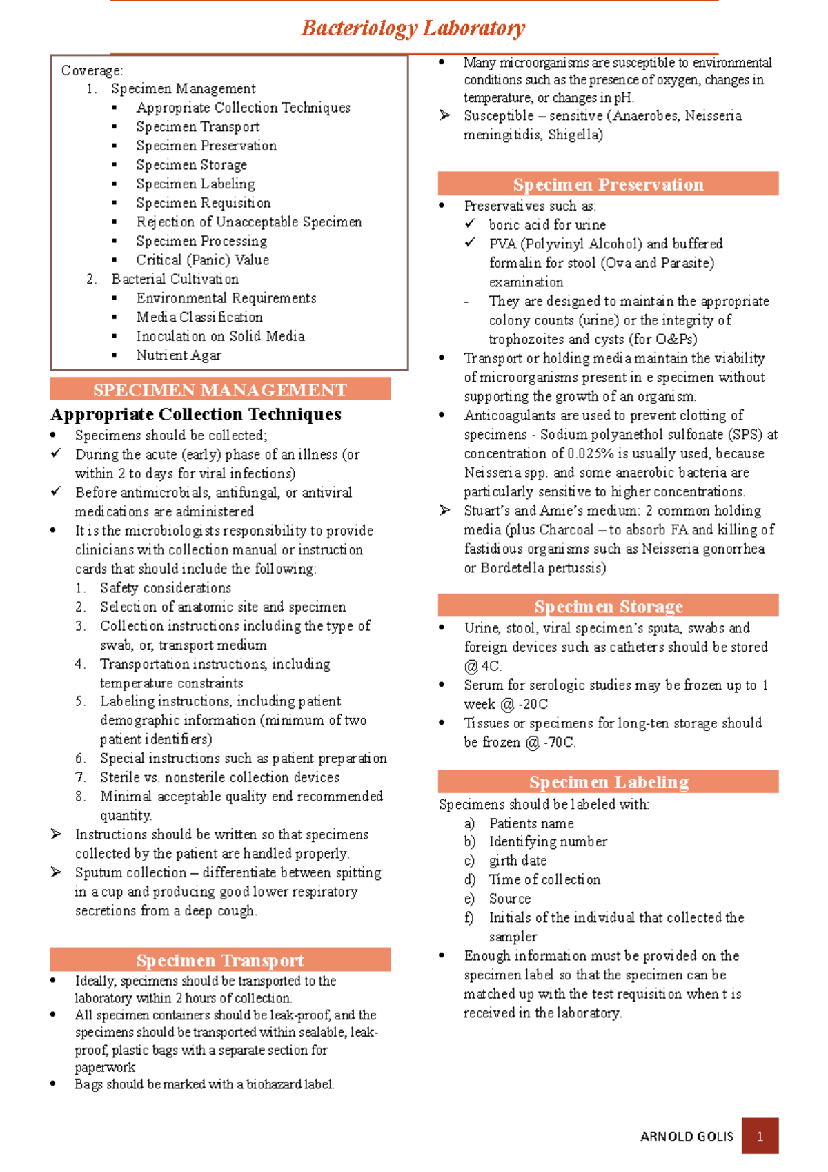MEDICAL TECHNOLOGY - SPECIMEN MANAGEMENT Appropriate Collection ...