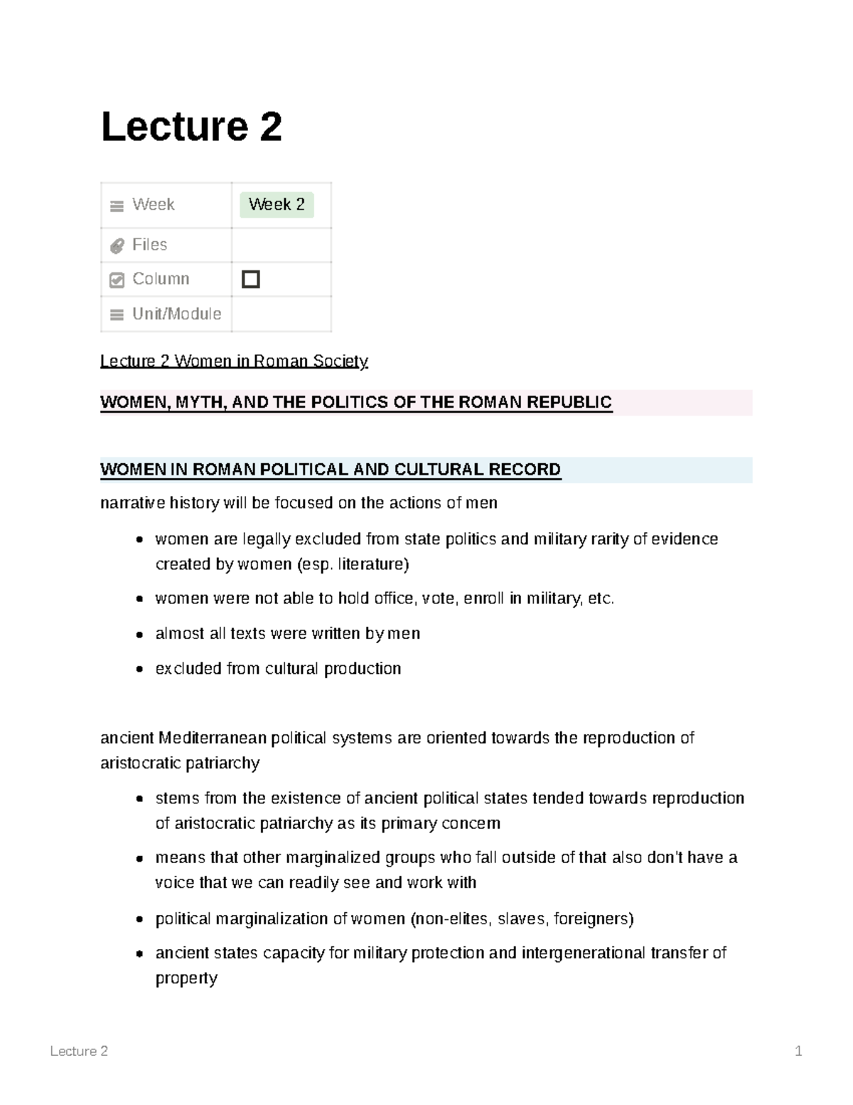 Lecture 2: Women in Roman Society - Lecture 2 Week Week 2 Files Column ...