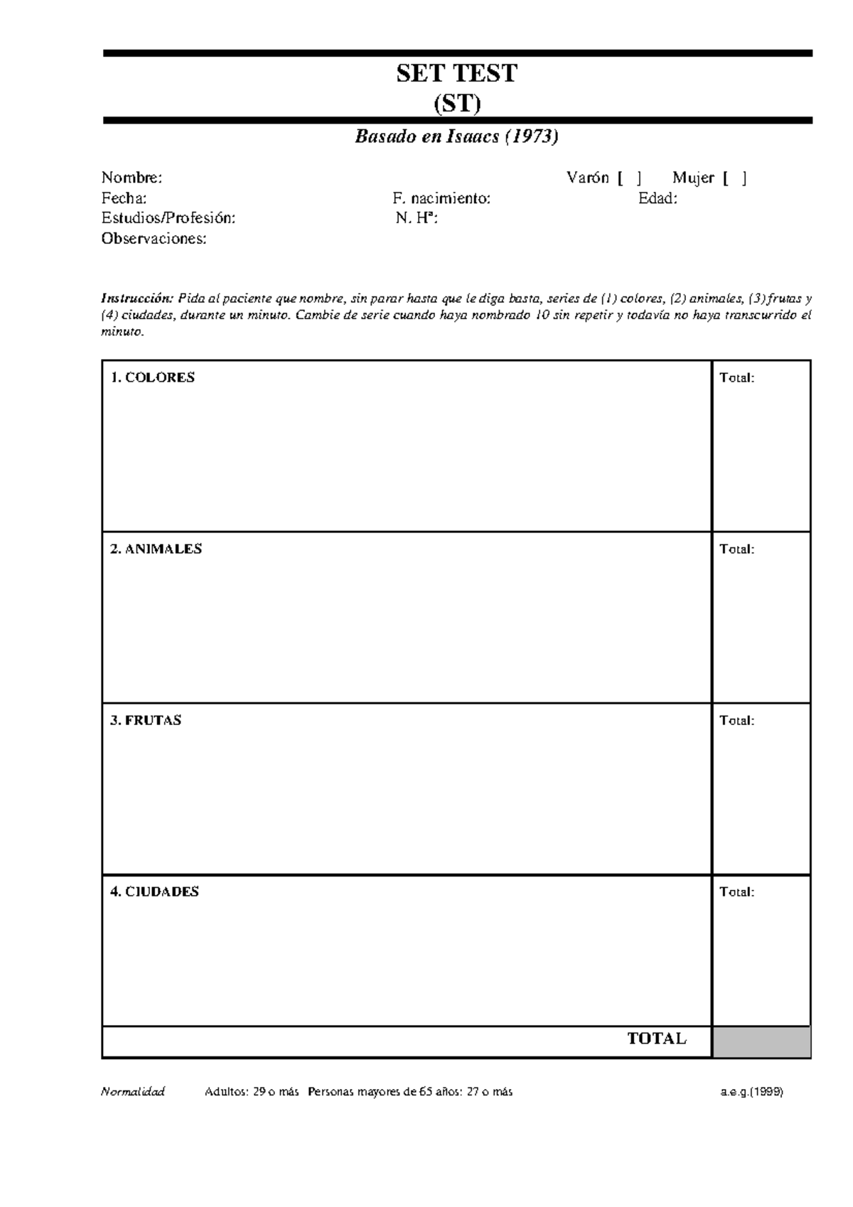 Setest - SET TEST (ST) Basado en Isaacs (1973) Nombre: Varón [ ] Mujer ...