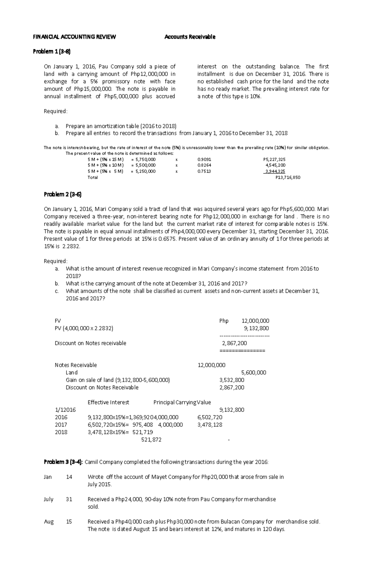 Pdfcoffee - n/a - FINANCIAL ACCOUNTING REVIEW Accounts Receivable Problem 1 ( 3 - 8) On January ...