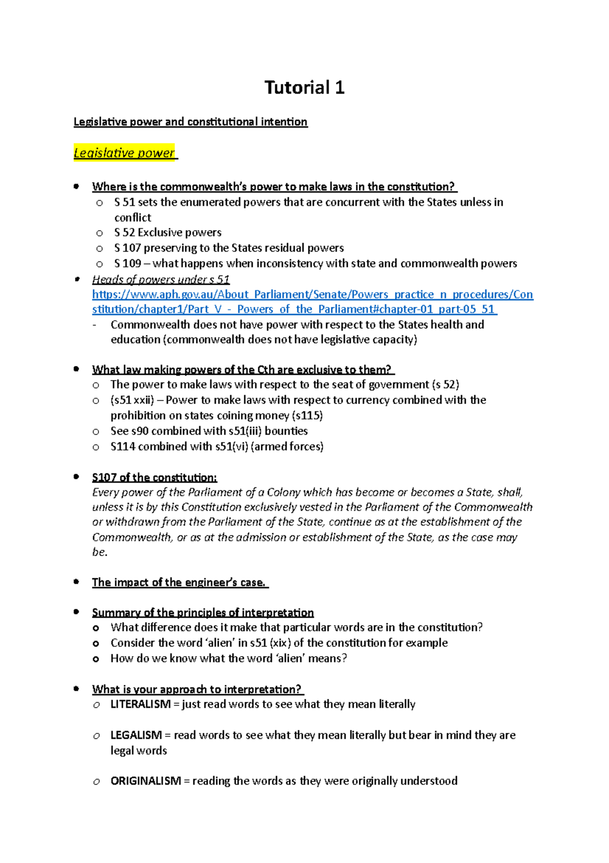Tutorial 1 - Constitutional law - Tutorial 1 Legislative power and constitutional intention ...