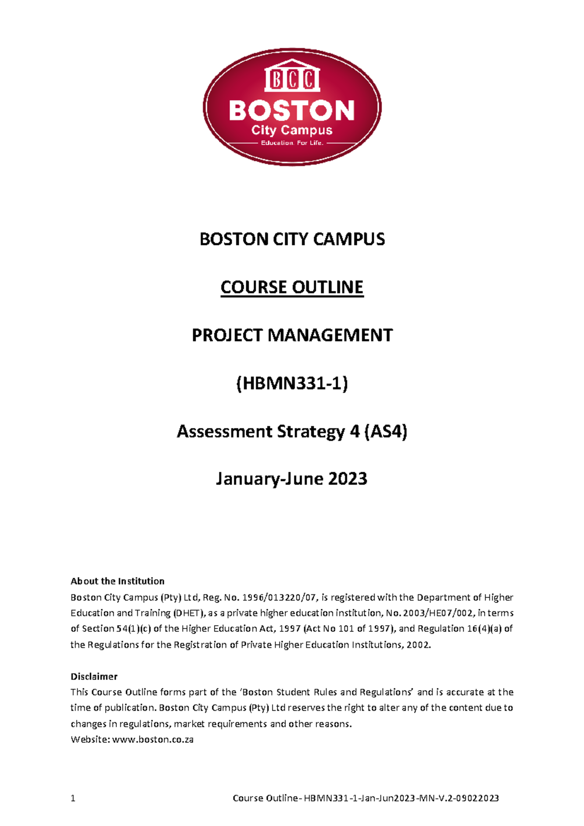 Course Outline HBMN331 1 Jan Jun2023 MN V - BOSTON CITY CAMPUS COURSE ...