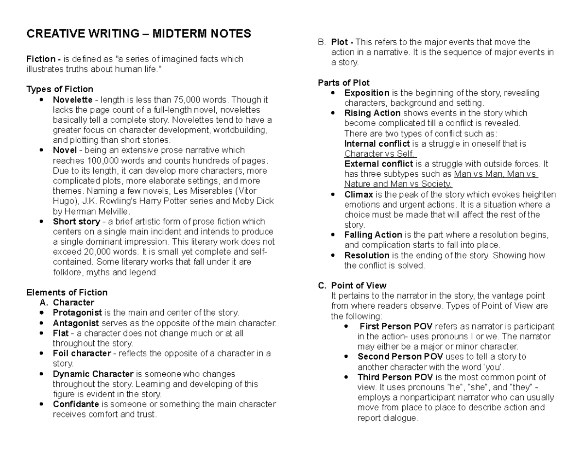 Creative Writing - Midterm Notes - CREATIVE WRITING – MIDTERM NOTES ...