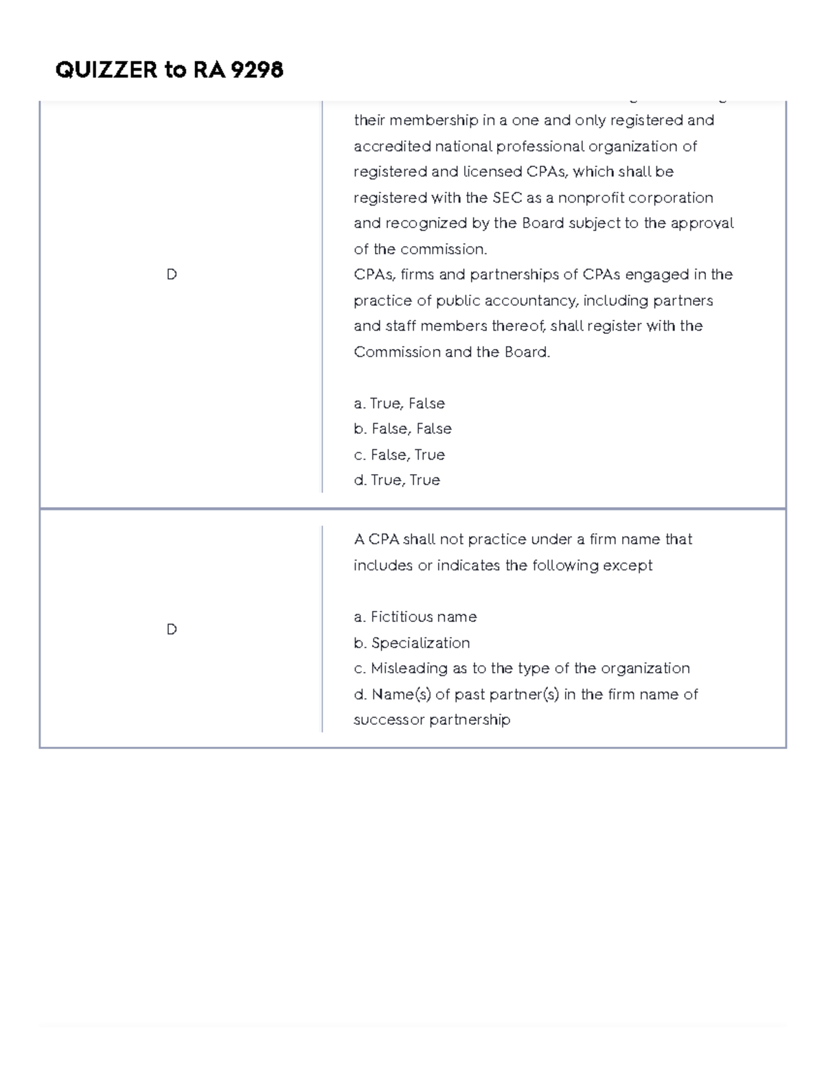 Quizzer to RA 9298 Flashcards Quizlet-5 - D All registered CPAs whose ...