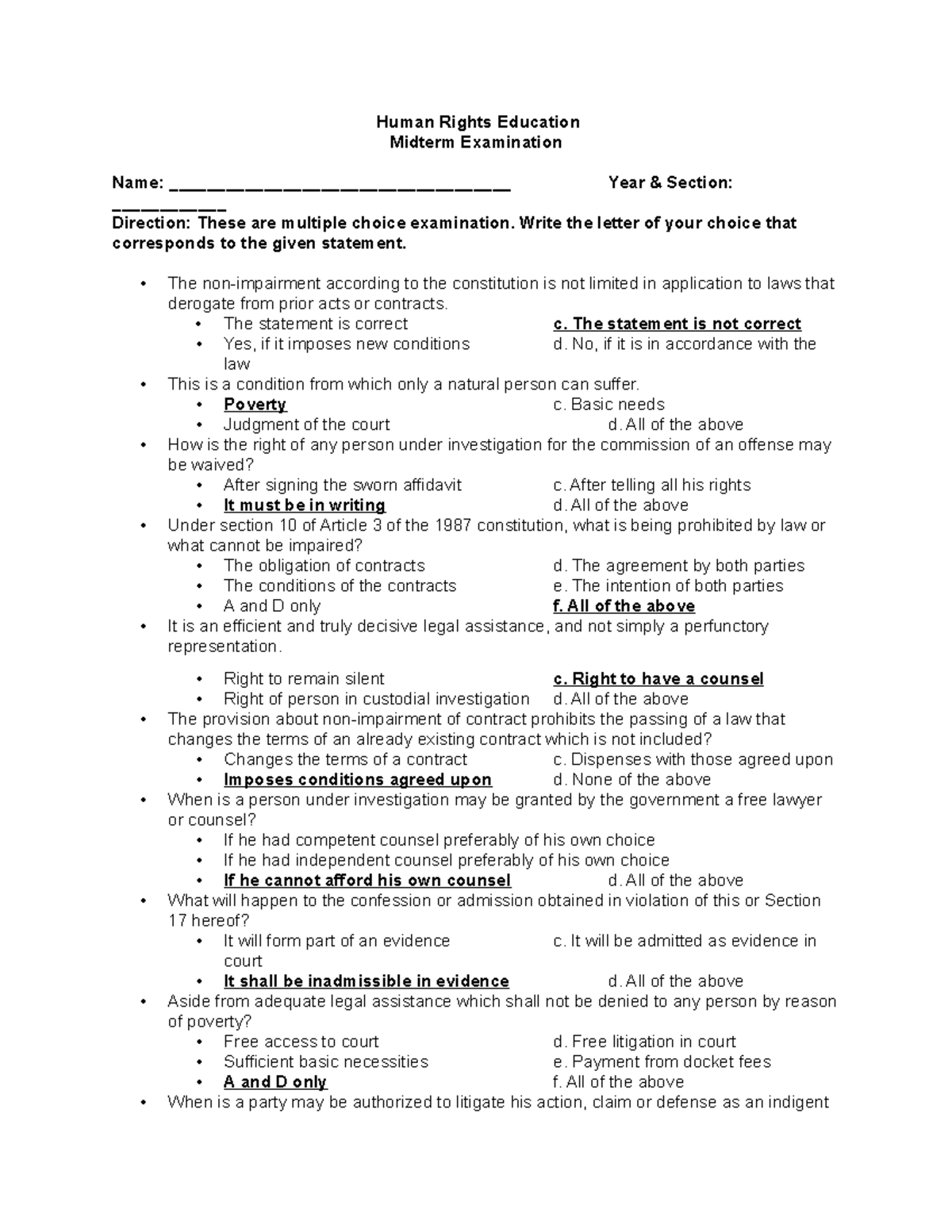 Answer-HR- Midterm - econ - Human Rights Education Midterm Examination ...