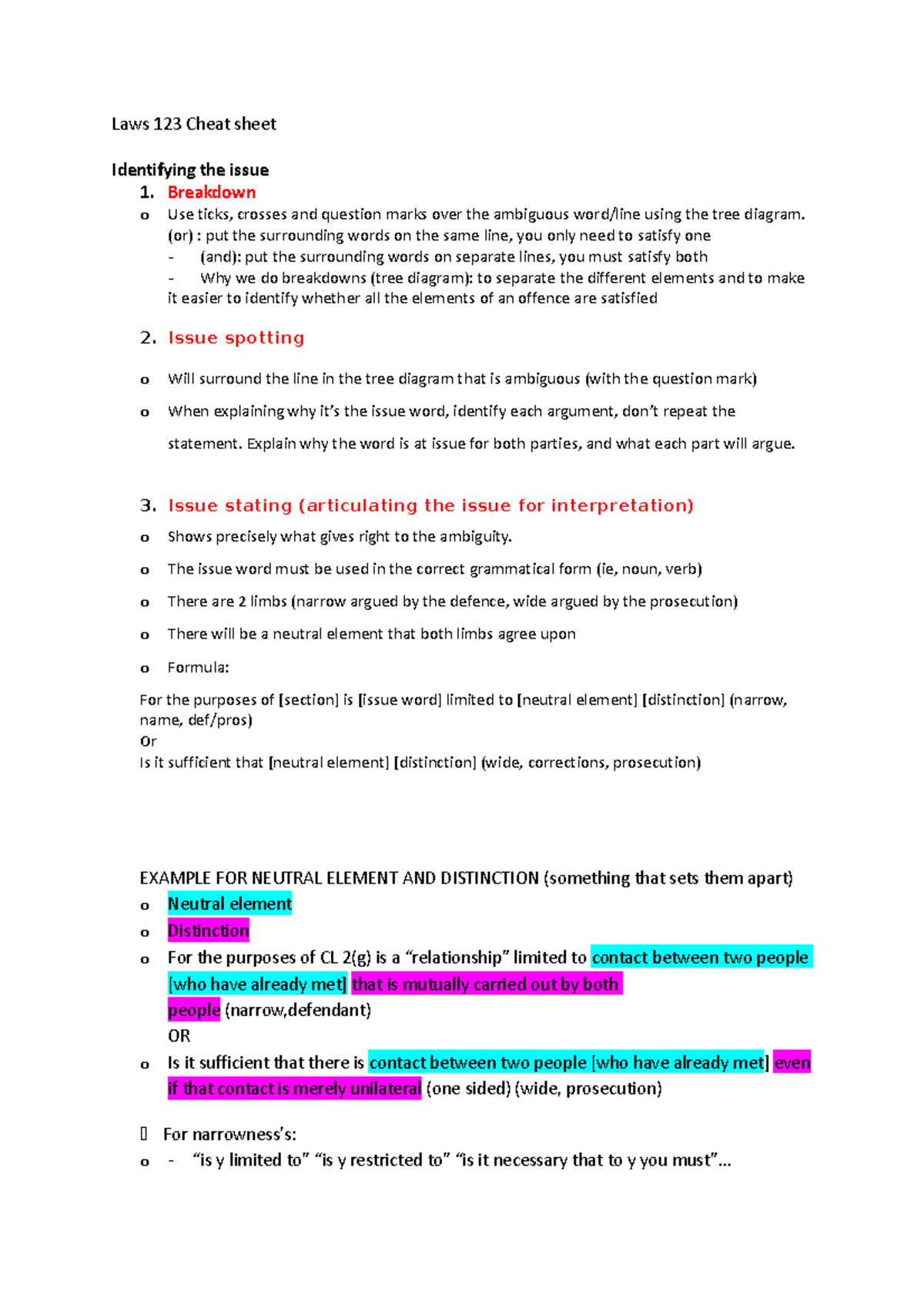 123 cheat sheet - Laws 123 Cheat sheet Identifying the issue 1 ...