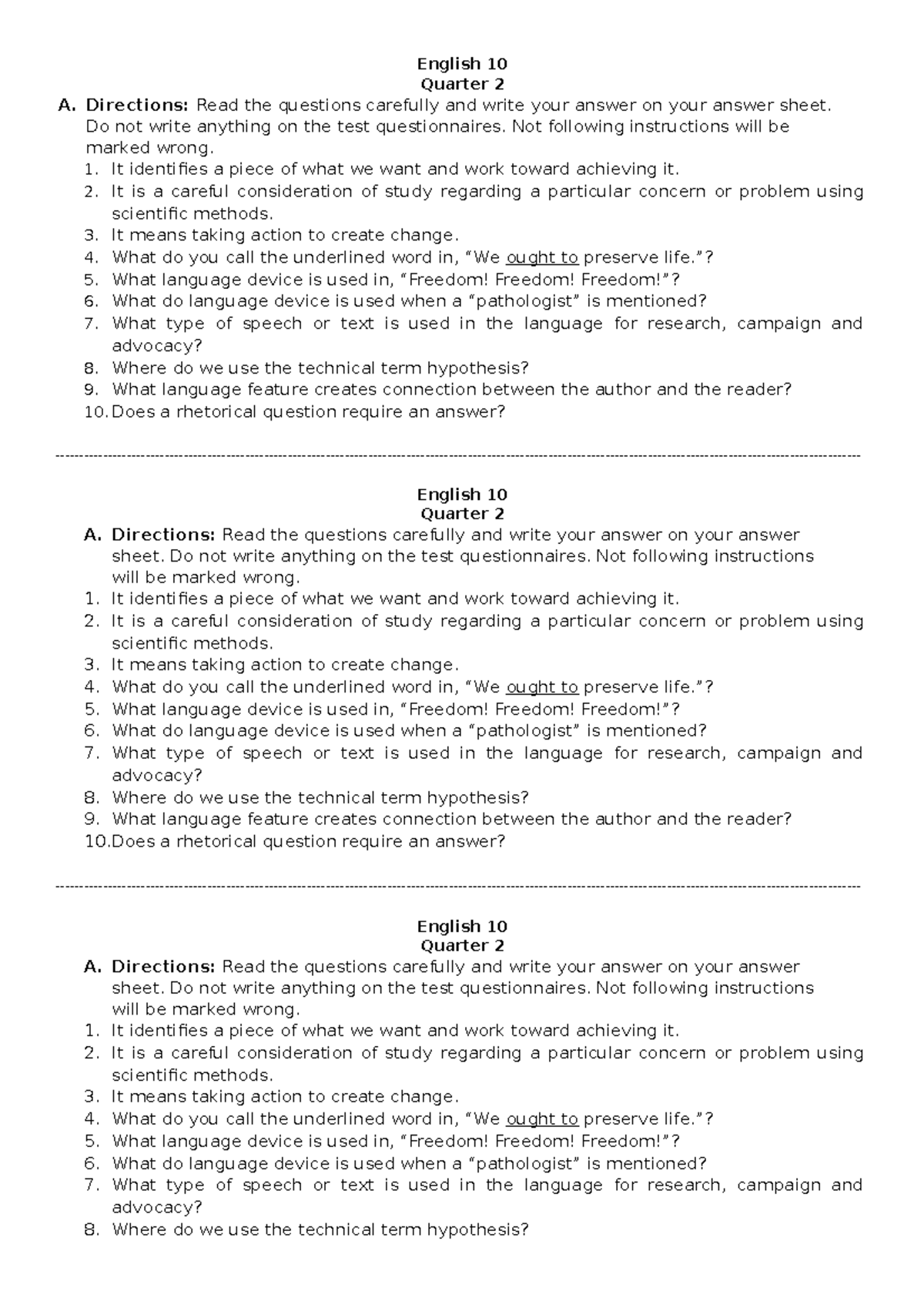 English 10 Q2 Quizz - English 10 Quarter 2 A. Directions: Read the ...