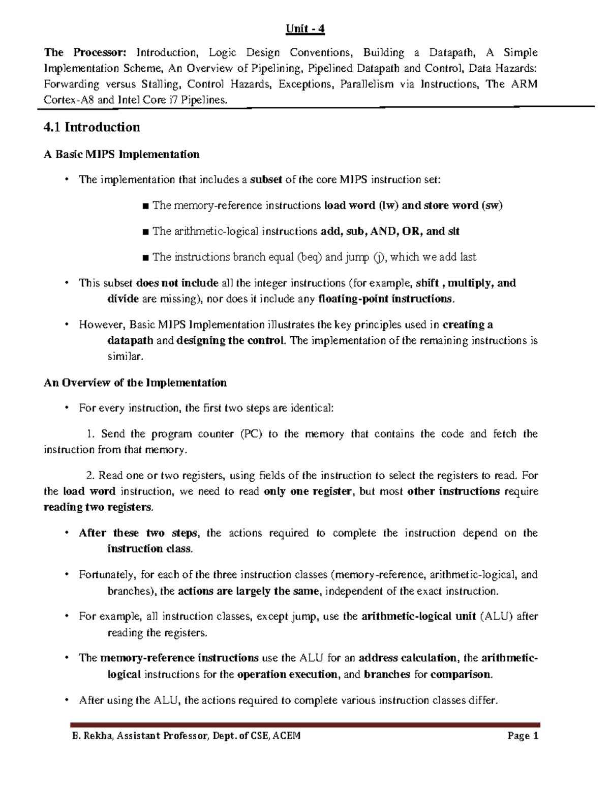 UNIT -4 ACA Material - ..... - Unit - 4 The Processor: Introduction ...