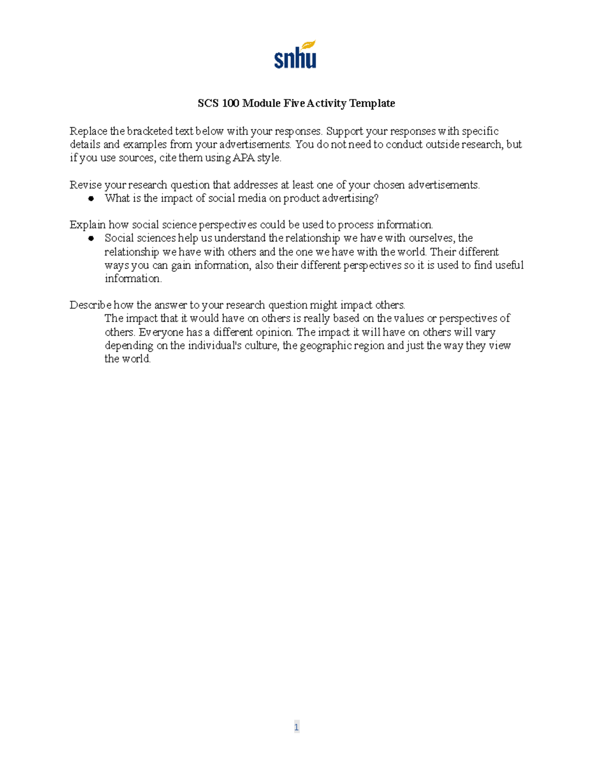 Module five activity final assignment - SCS 100 Module Five Activity Template Replace the ...