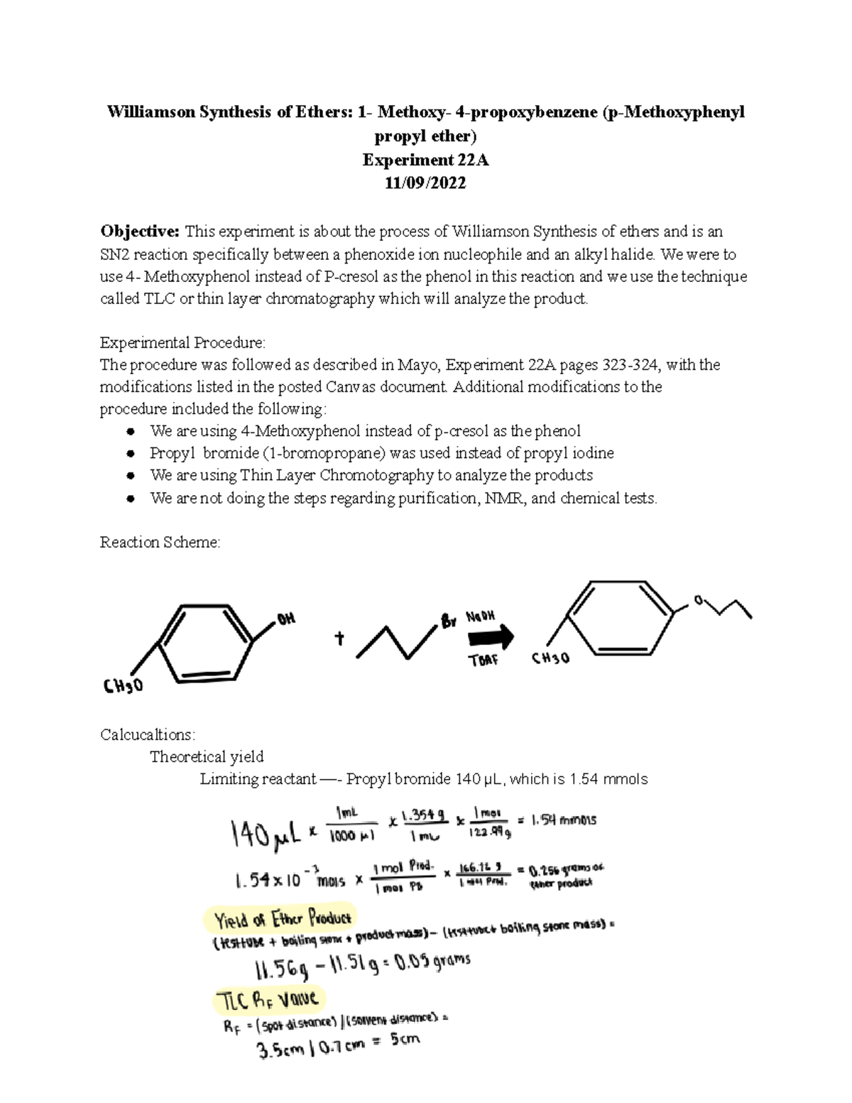 Williamson Synthesis of Ethers 1- Methoxy- 4-propoxybenzene (p ...