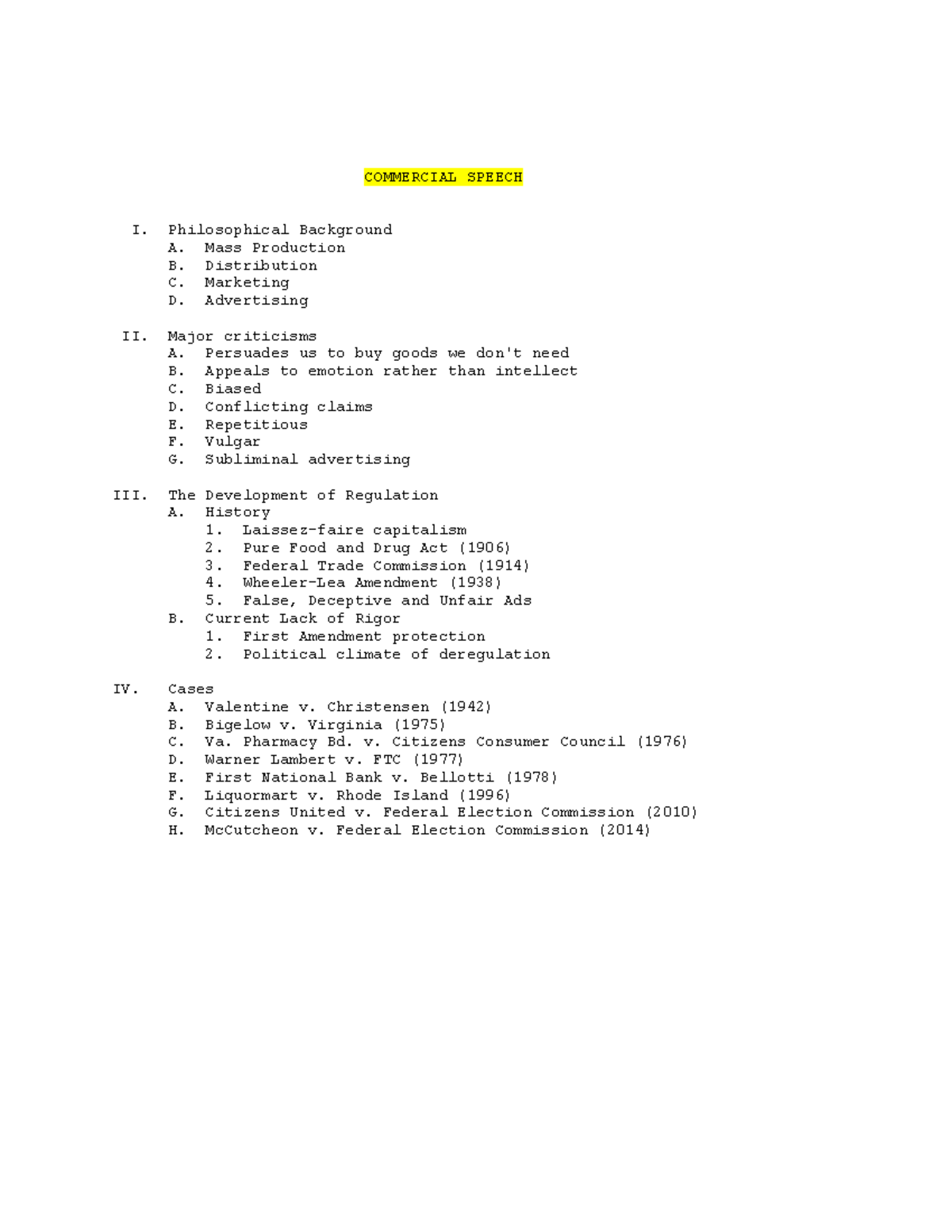 Commerical Speech Laws - COMMERCIAL SPEECH I. II. Philosophical ...