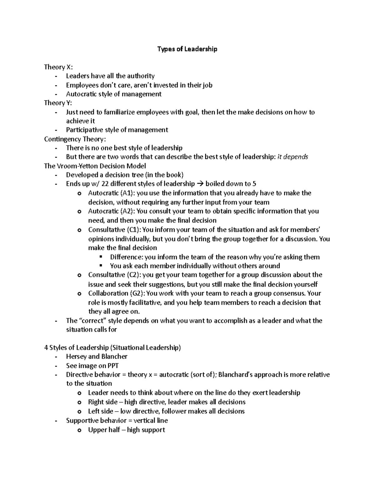 Types of Leadership - Lecture notes - Types of Leadership Theory X ...