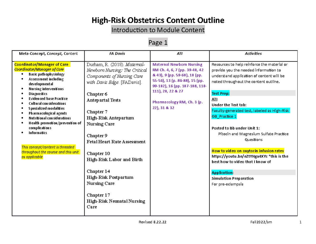 High Risk OB Content Outline FA Davis Fall 2022 - Introduction to ...