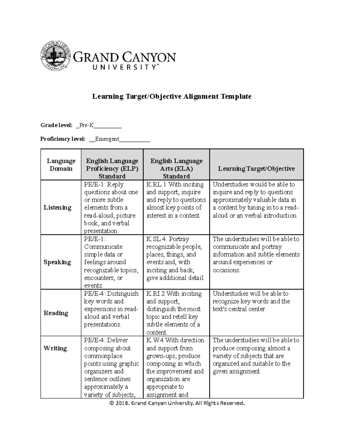 ESL-436N-RS-Learning Target Objective Align T4 - ESL-436N - GCU - Studocu