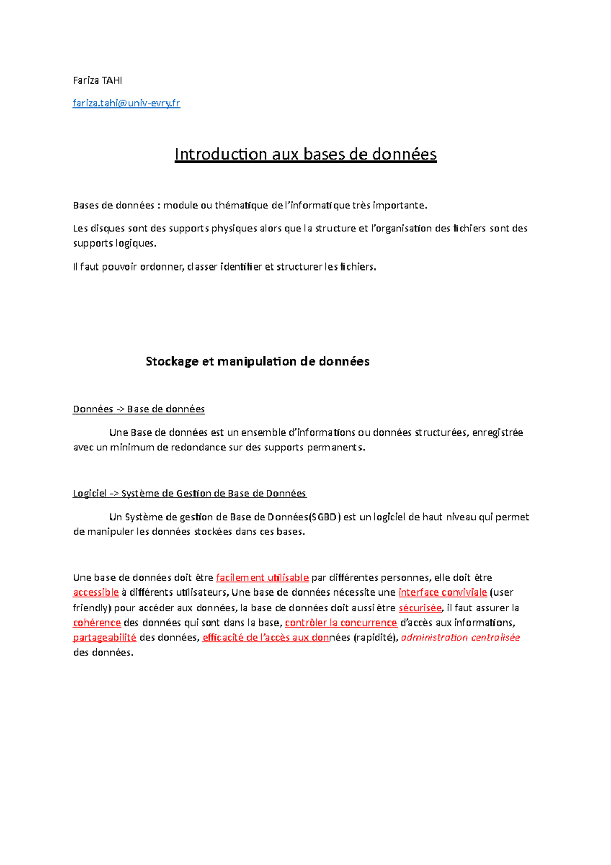 CM1 introduction aux bases de données - Fariza TAHI fariza@univ-evry ...