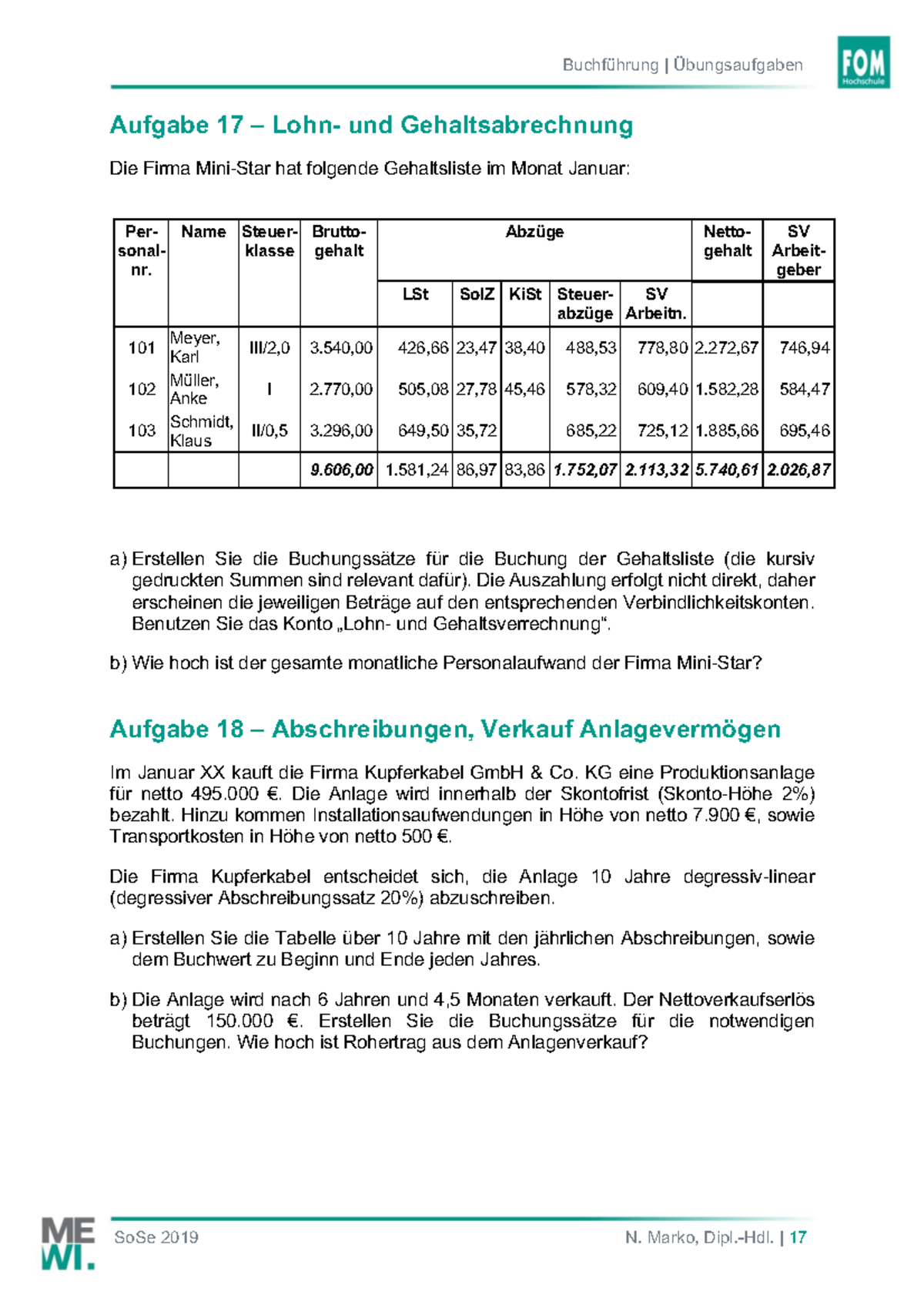 Lohn Und Gehaltsabrechnung Ubungen Mit Losungen Pdf