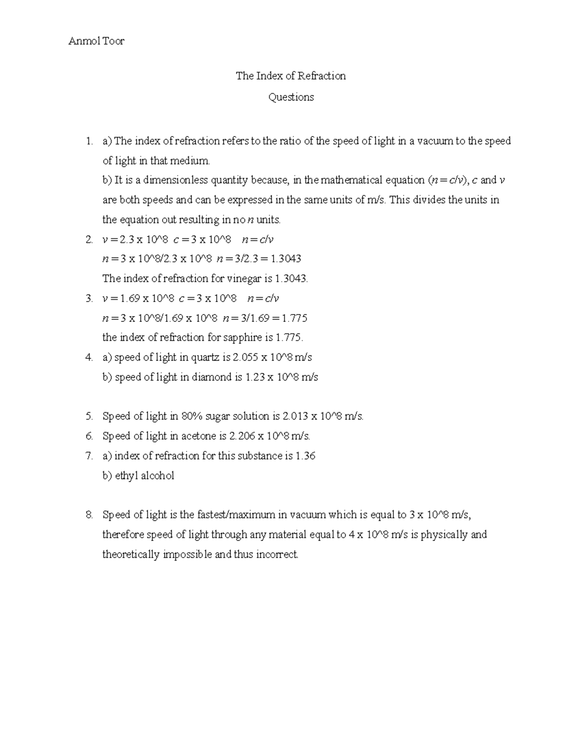 Index Of Refraction Questions Anmol Toor The Index Of Refraction index-of-refraction-questions-anmol-toor-the-index-of-refraction