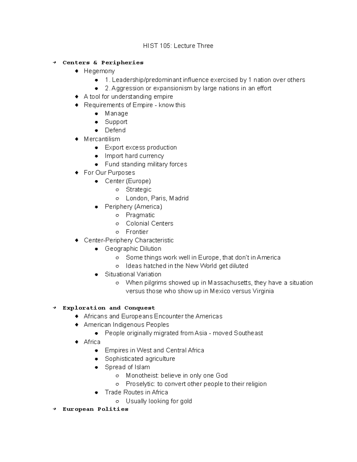 HIST 105 Lecture Three - HIST 105: Lecture Three Centers & Peripheries ...