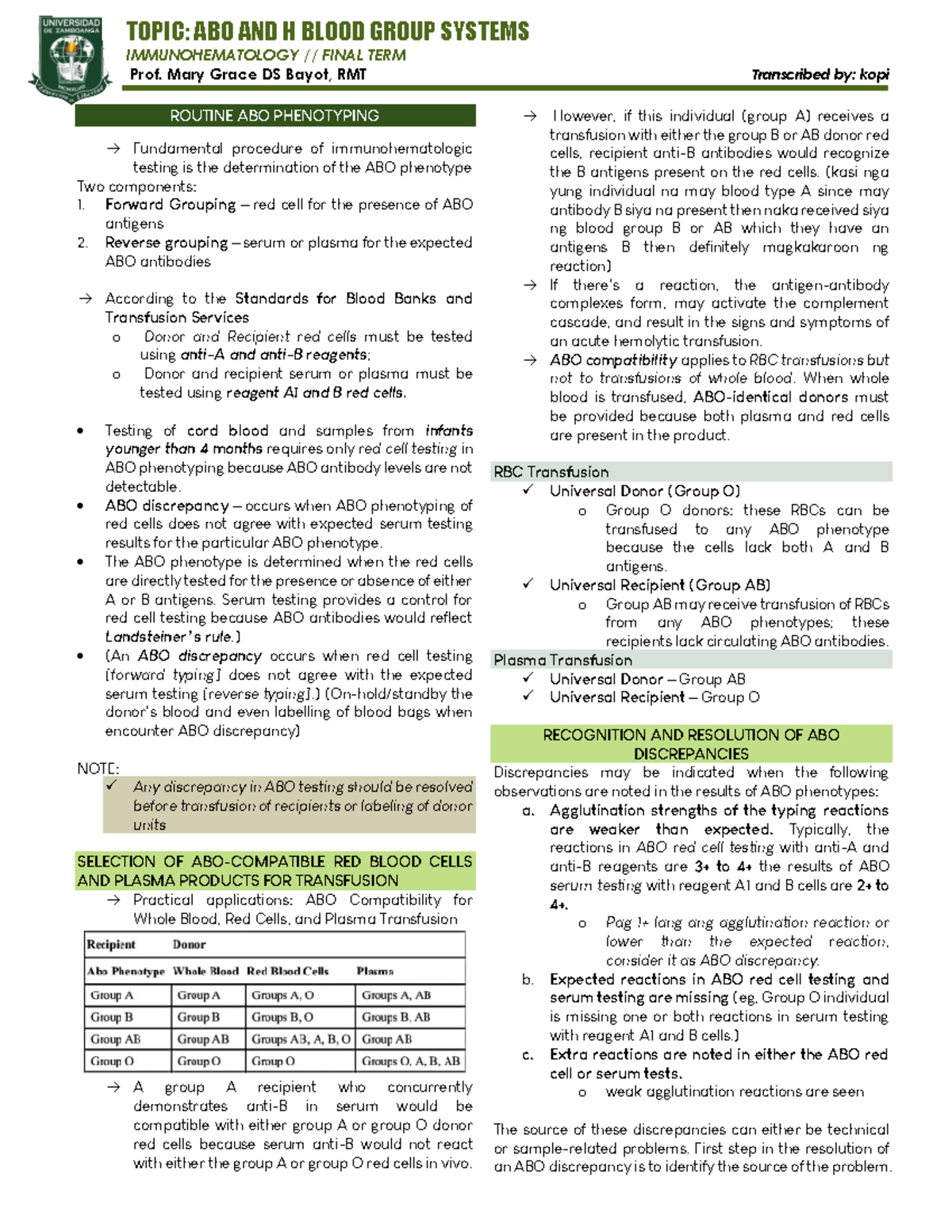 Routine ABO Phenotyping (Outline) - TOPIC: ABO AND H BLOOD GROUP ...