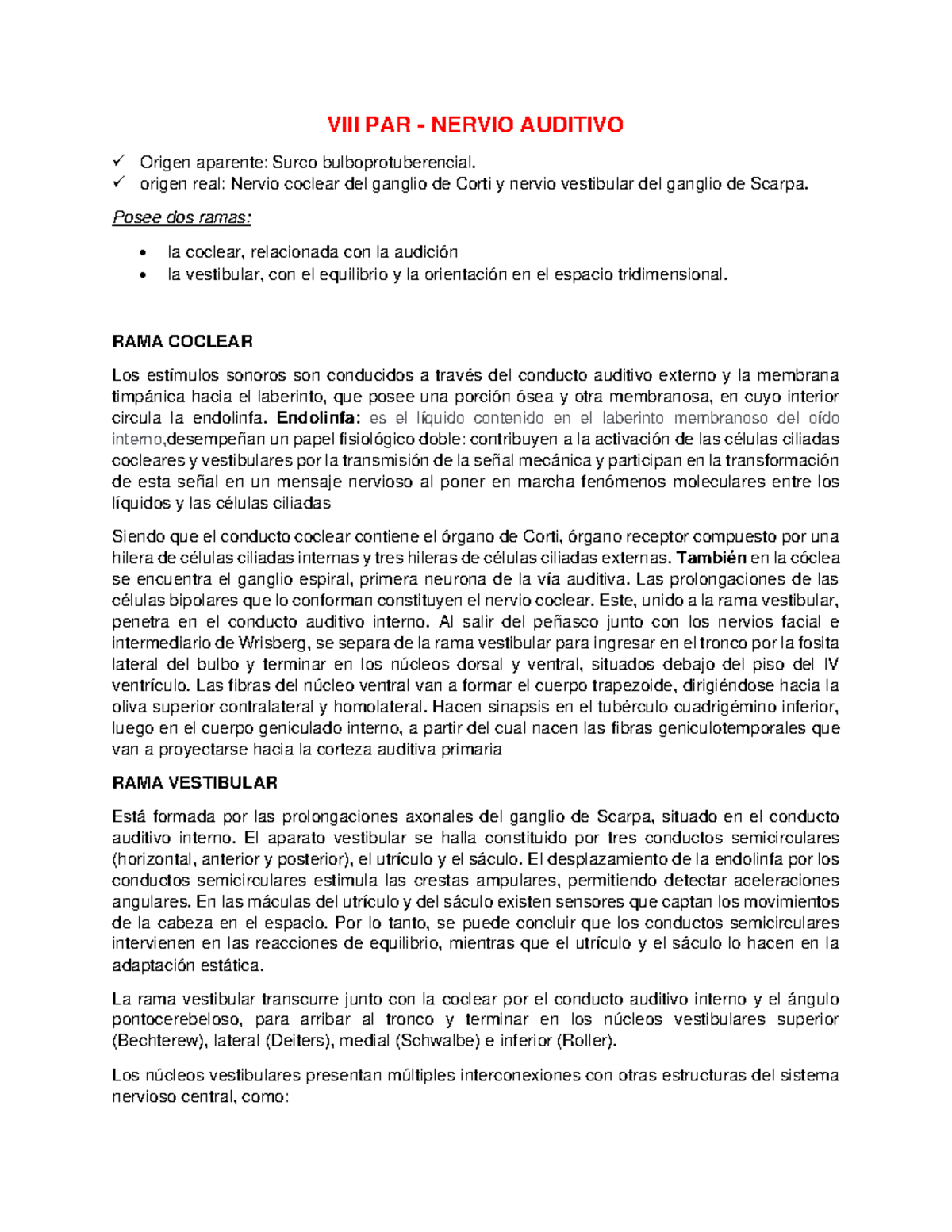 Resumen DEL VIII Y IX PAR Craneal - VIII PAR - NERVIO AUDITIVO Origen ...
