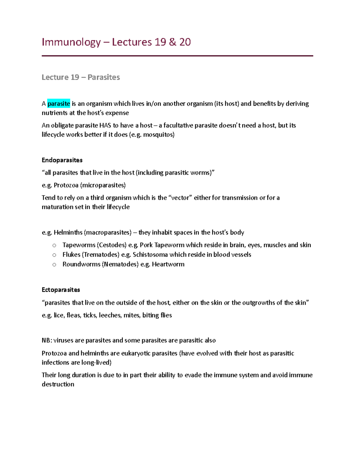 Immunology(19&20) Parasites - Immunology – Lectures 19 & 20 Lecture 19 ...
