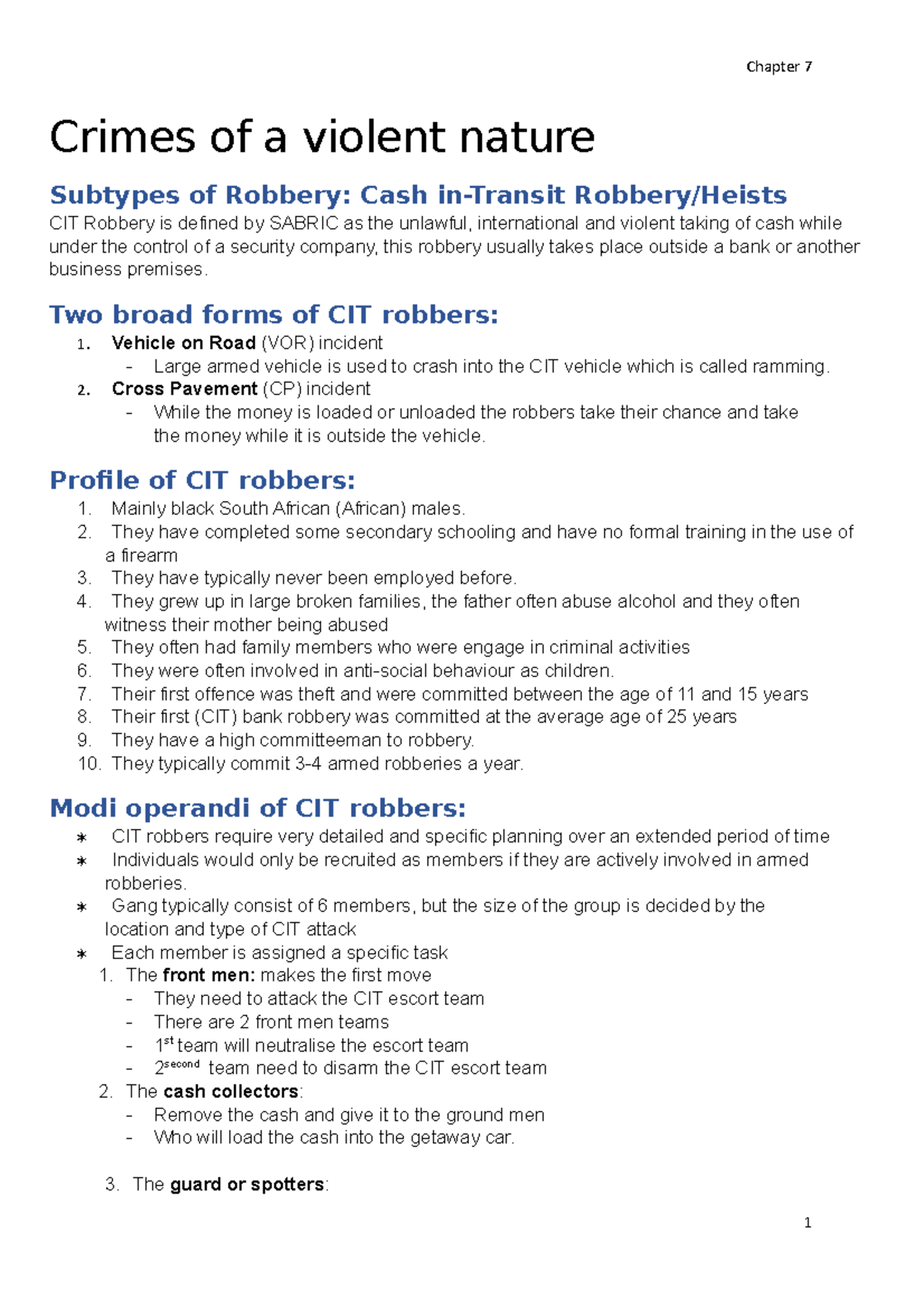 Chapter 7 EXAM WORK - Crimes of a violent nature Subtypes of Robbery ...