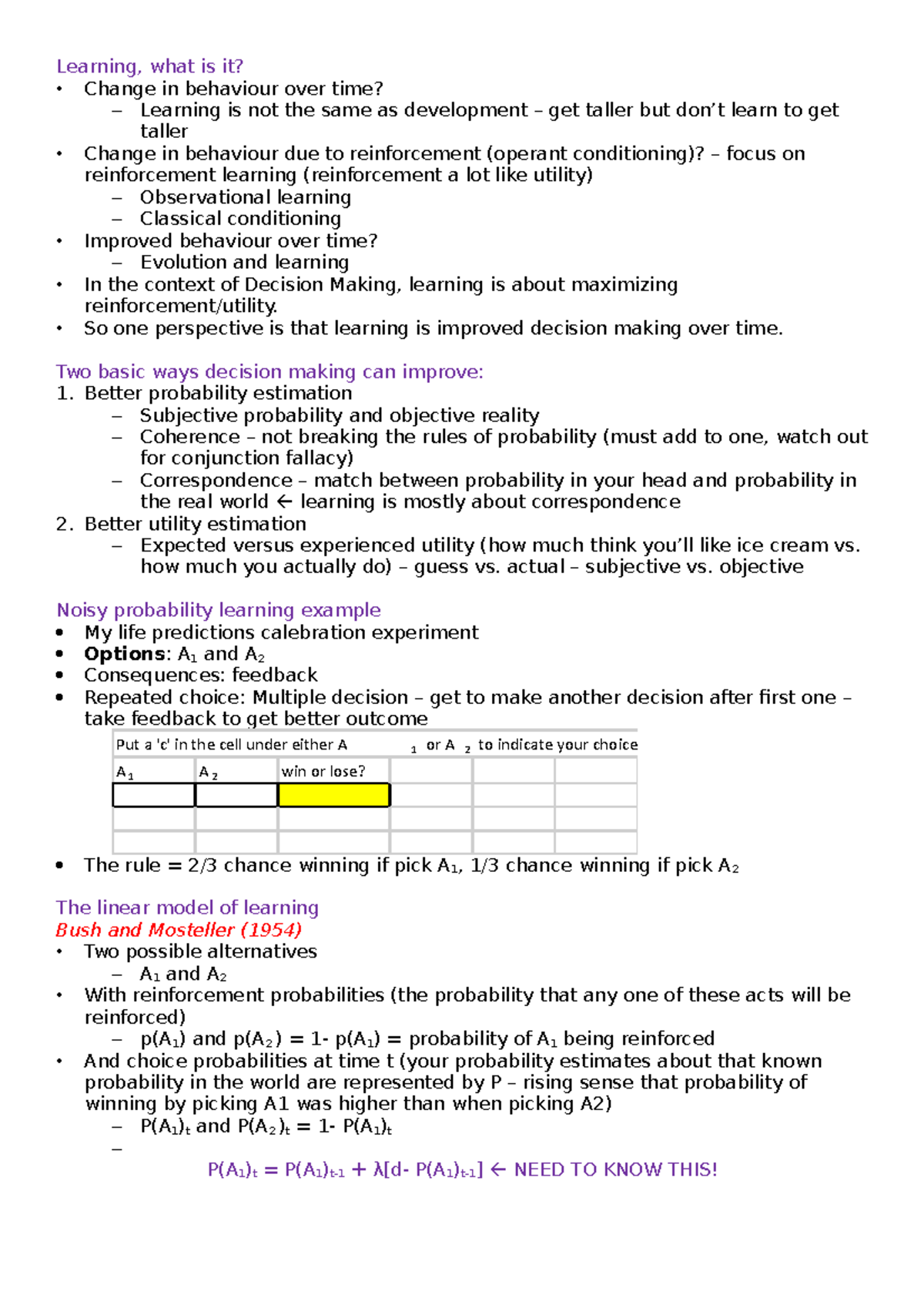 Notes for Decision Making Lecture 10 - Learning - Learning, what is it ...