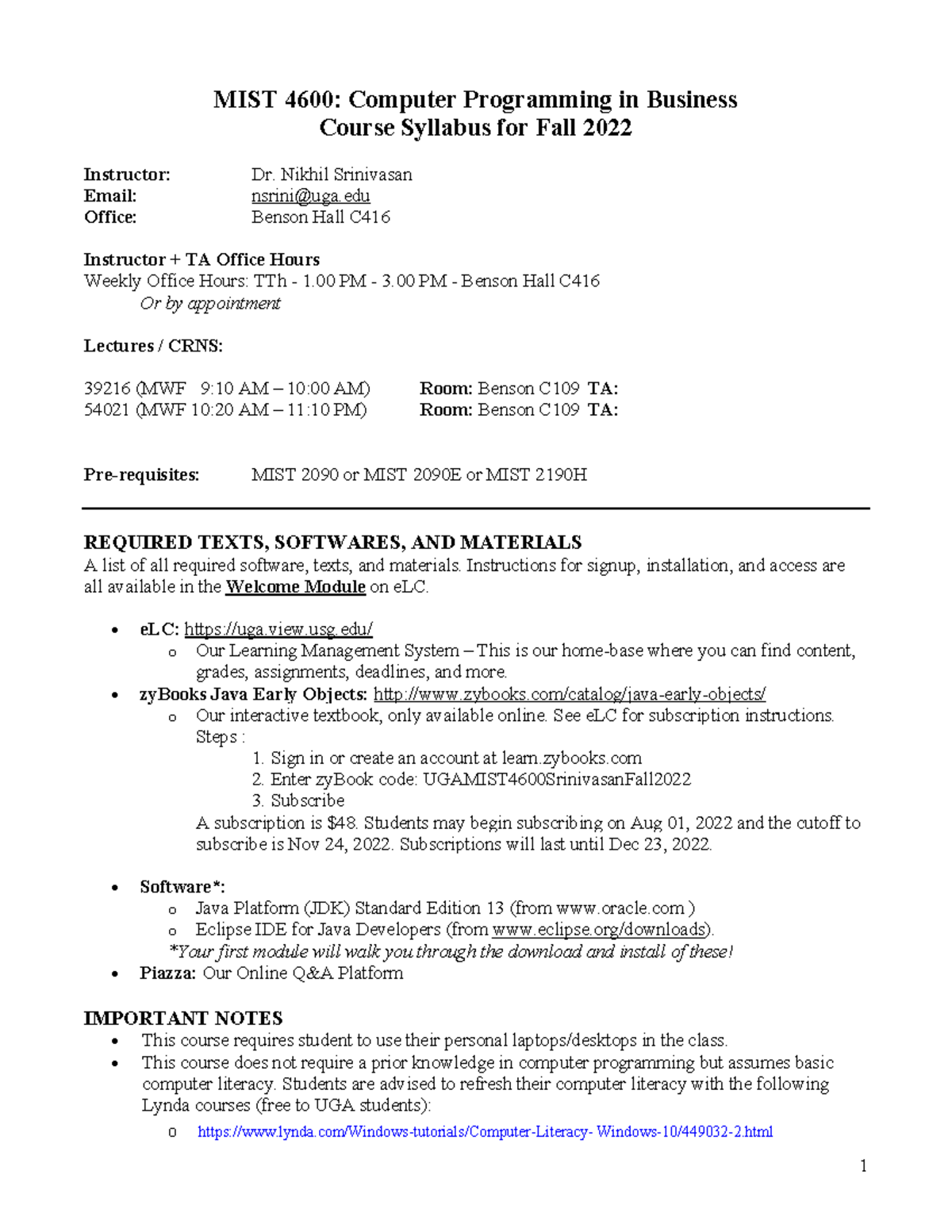 MIST4600 Compter Prog in Business Srinivasan Fall 2022 - MIST 4600 ...