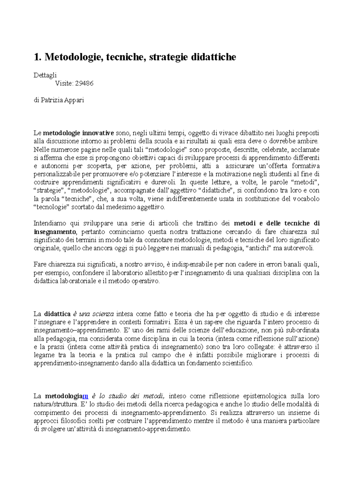 Metodologia introduzione - 1. Metodologie, tecniche, strategie ...