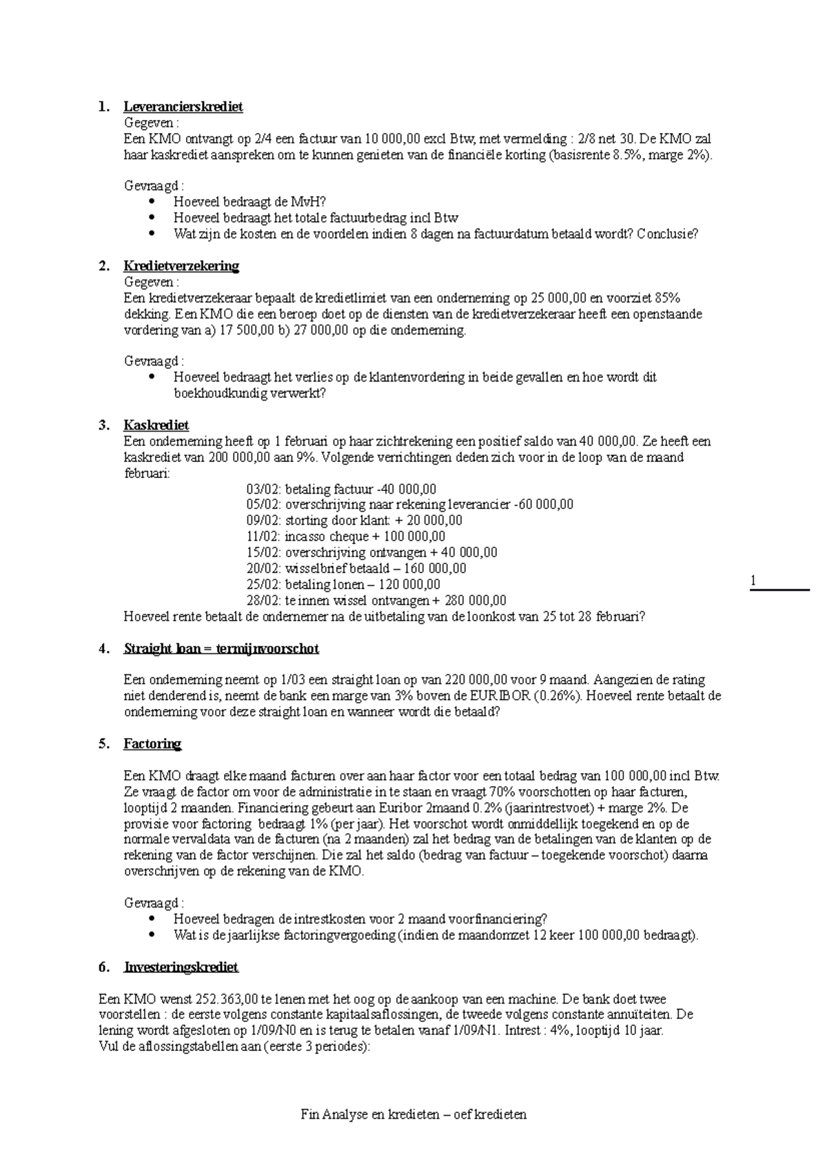 Kredieten-student theorie + oefeningen - 1 Leverancierskrediet Gegeven ...
