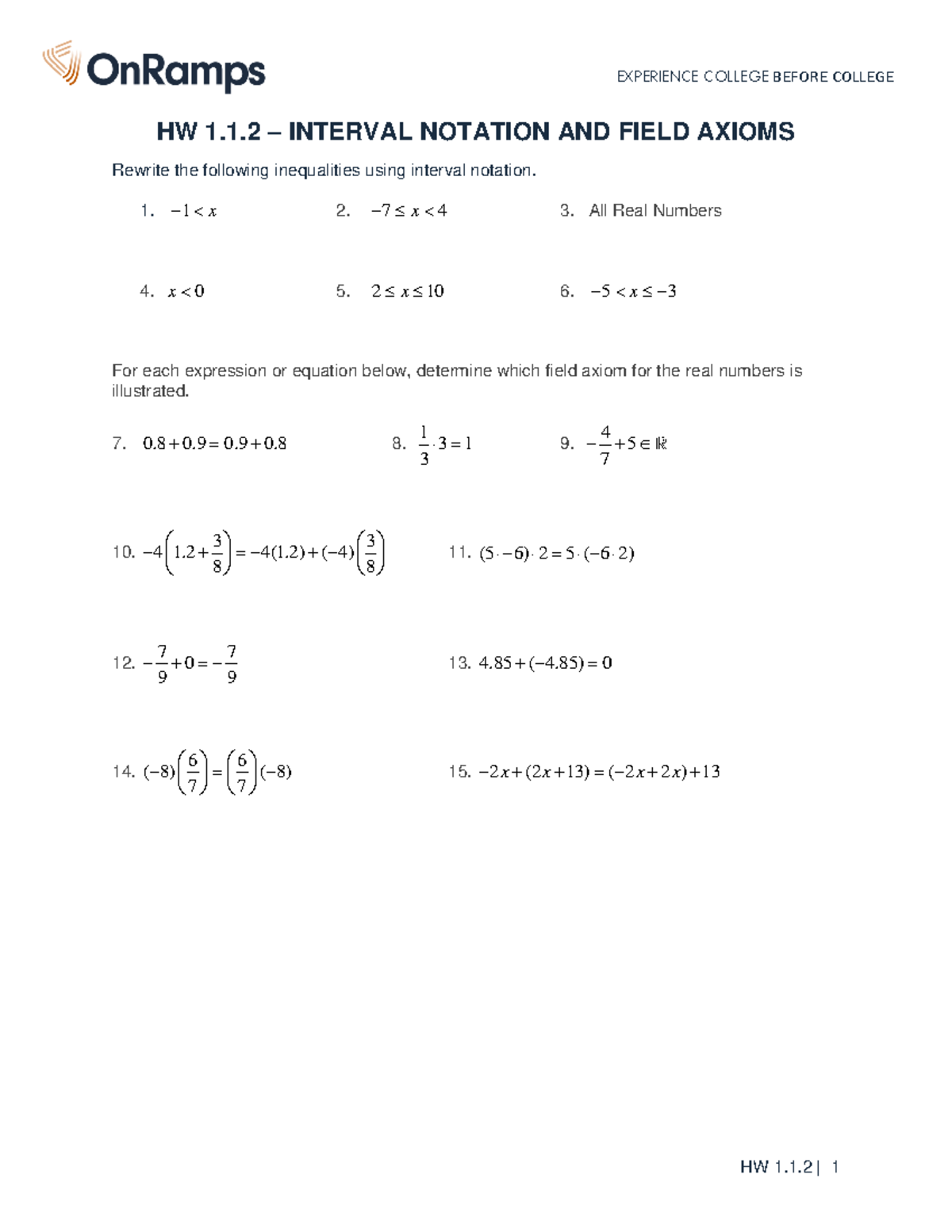 HW1 - exercises - HW 1. 2 | 1 EXPERIENCE COLLEGE BEFORE COLLEGE HW 1. 2 ...