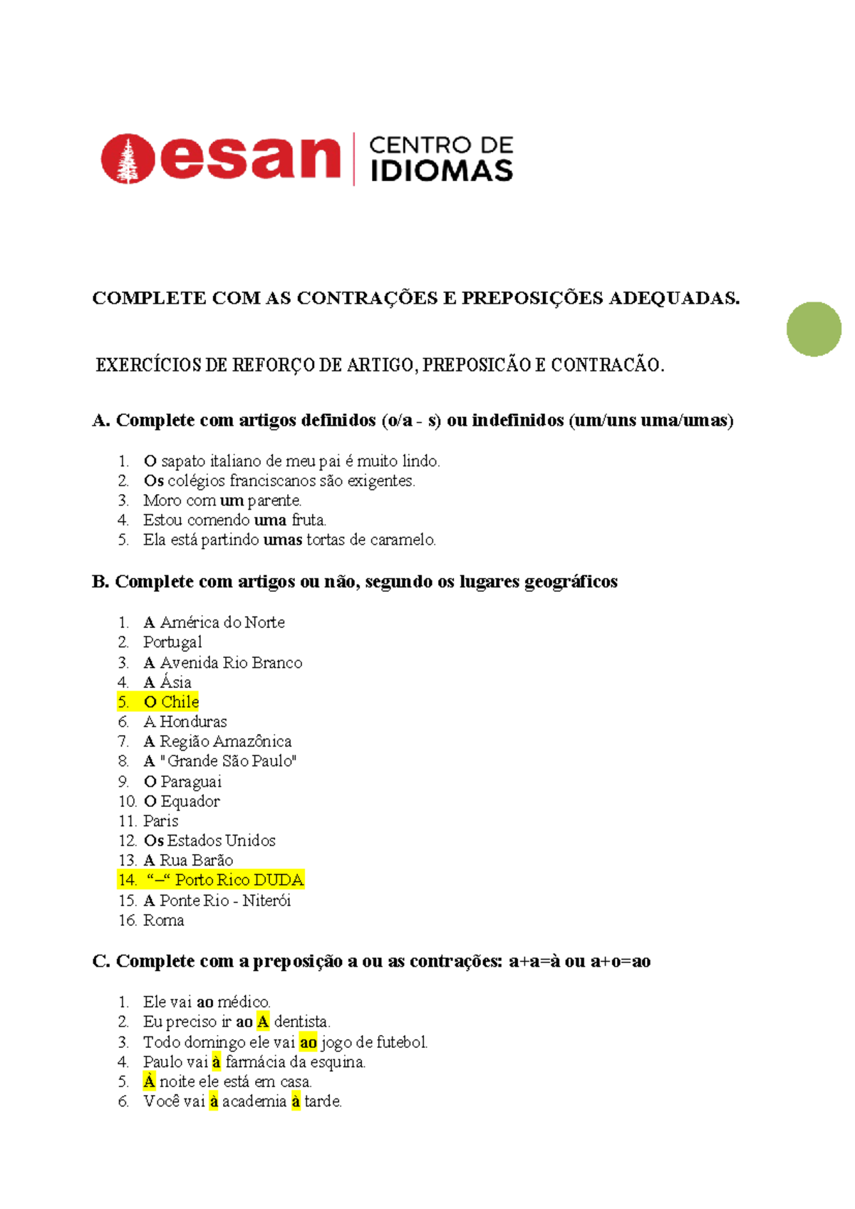Exercicos contrações e preposições con Contexto. GV1 - COMPLETE COM AS ...