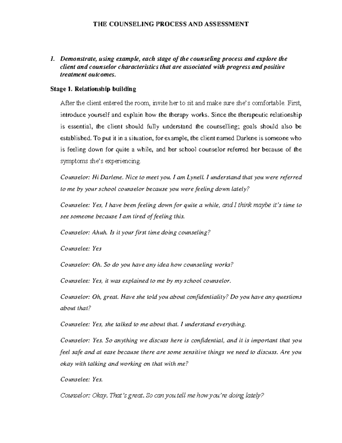 The Counseling Process and Assessment 1 - 1. Demonstrate, using example ...