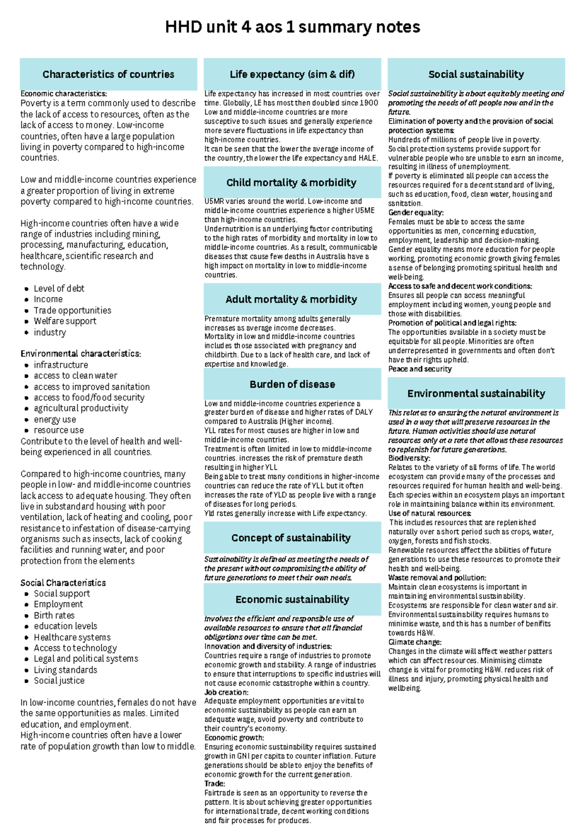 HHD unit 4 aos 1 summary notes - Characteristics of countries Economic ...