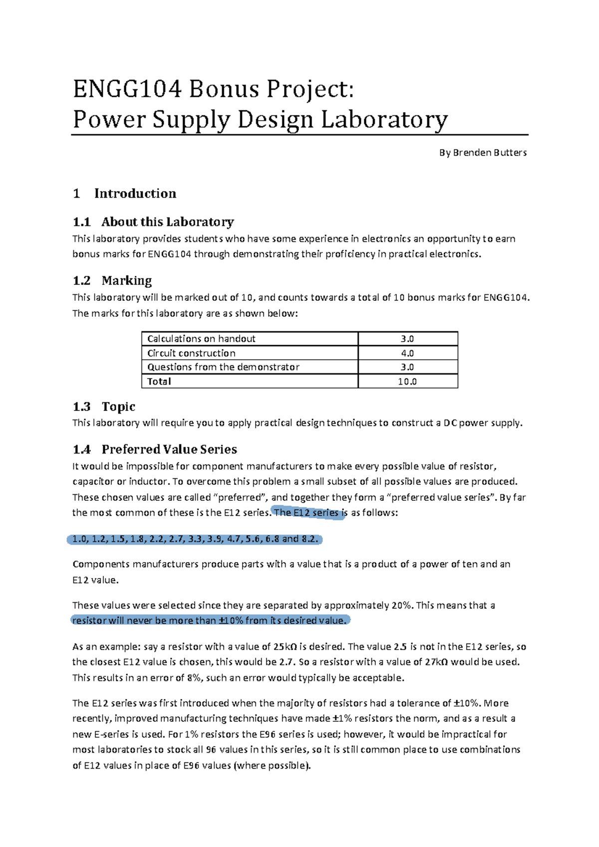 ENGG104 Bouns Project - ENGG104 Bonus Project: Power Supply Design Laboratory By Brenden Butters ...