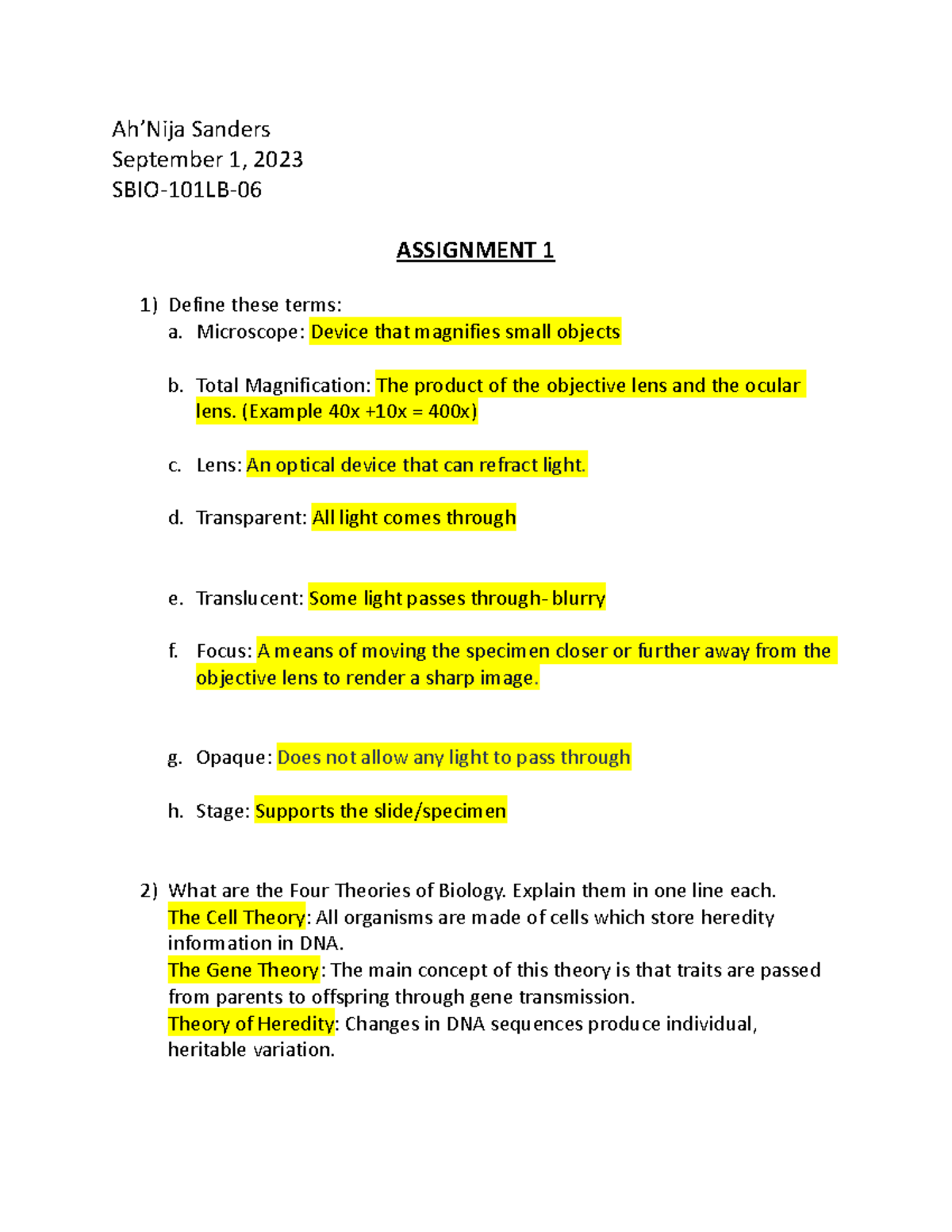 Bio lab 1 - word assignment - Ah’Nija Sanders September 1, 2023 SBIO ...