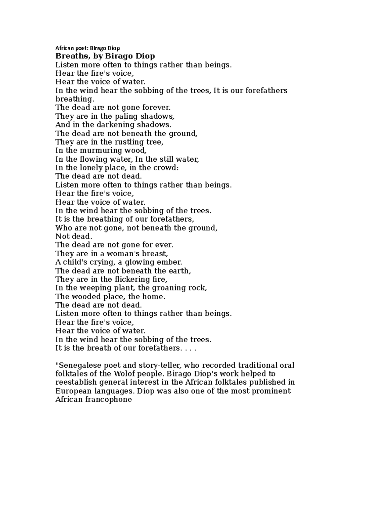 African poems 3 - African poet: BIrago Diop Breaths, by Birago Diop ...