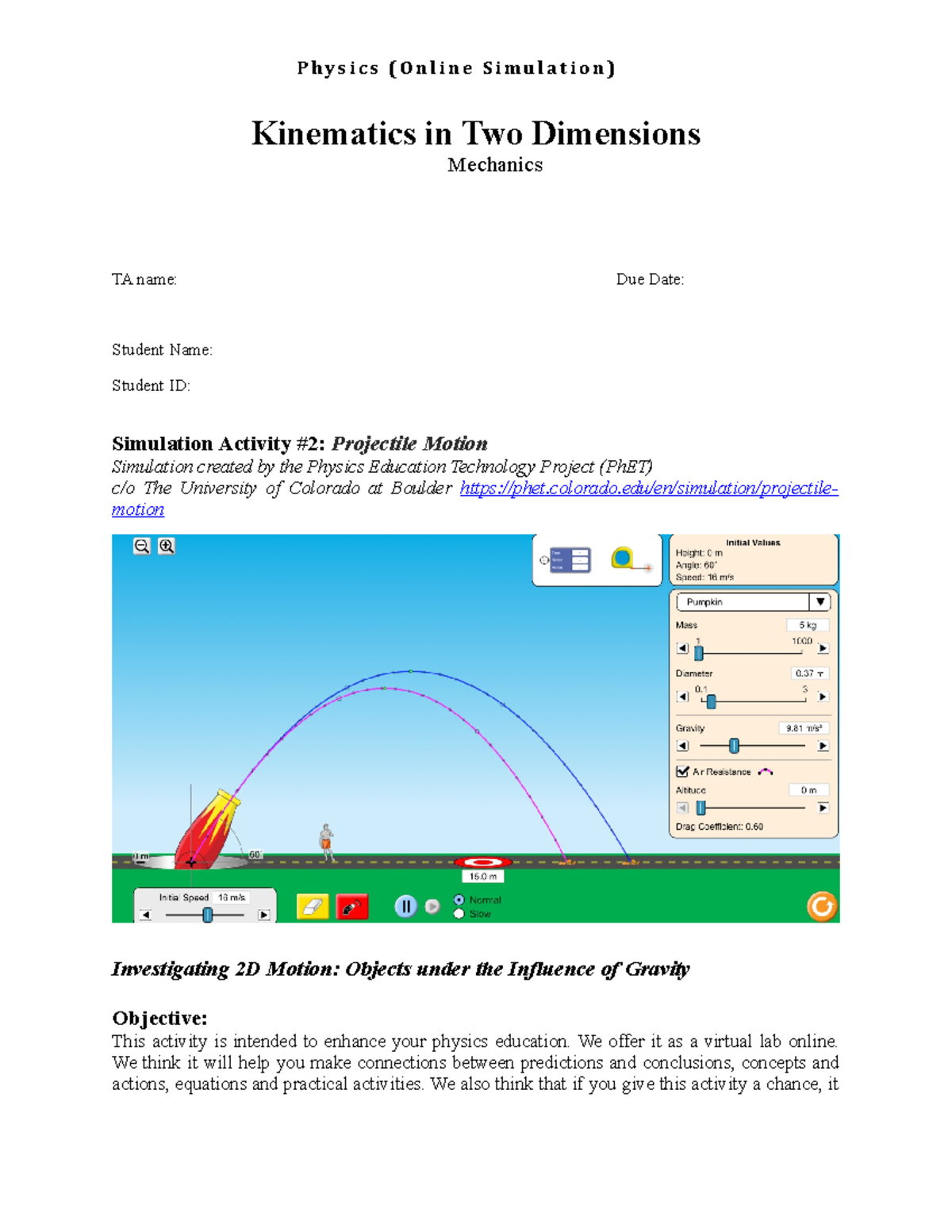 2 Knematics 2-D Online - Kinematics worksheet for Physics - Kinematics ...