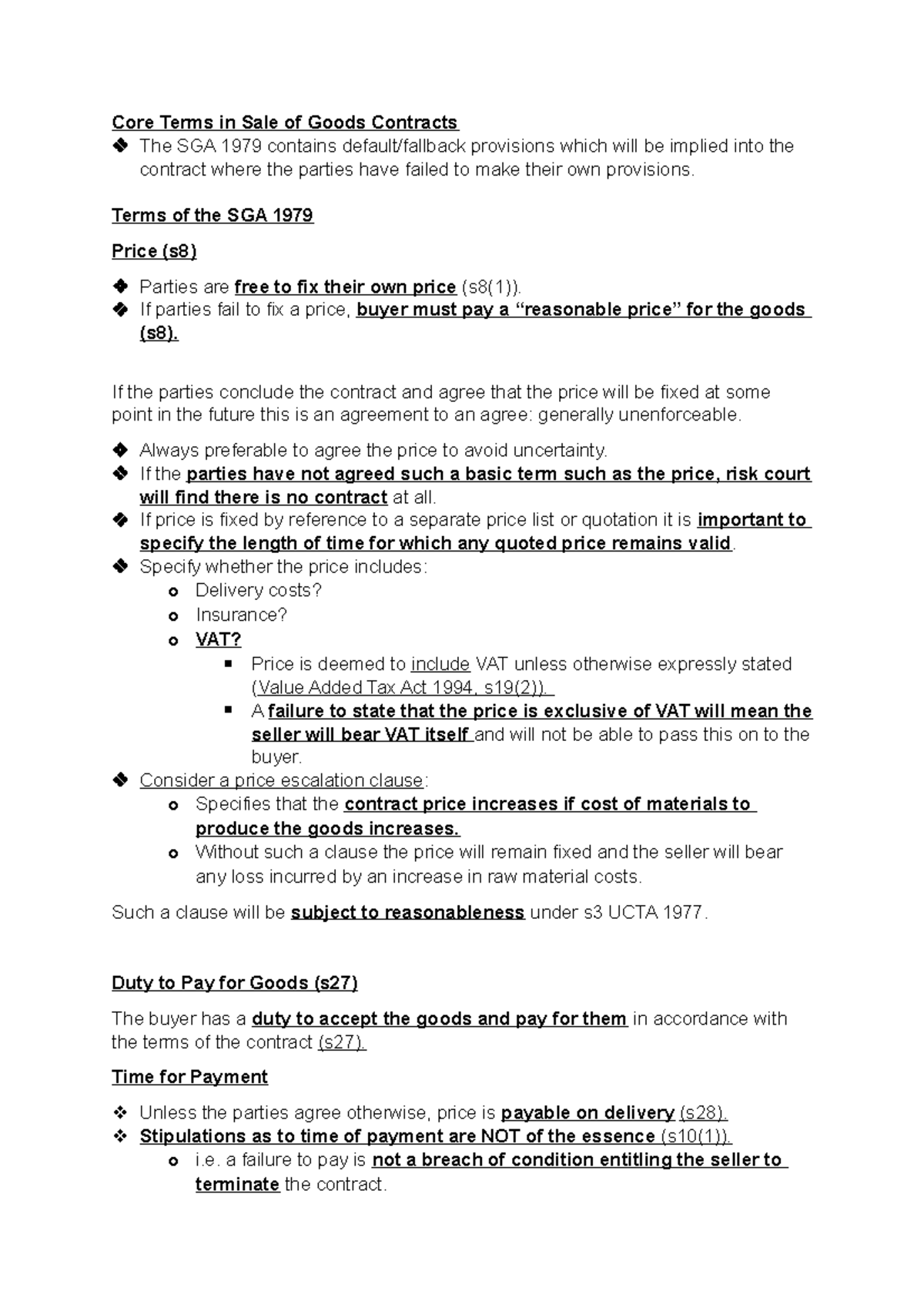 Core Terms in Sale of Goods Contracts - Terms of the SGA 1979 Price (s8 ...