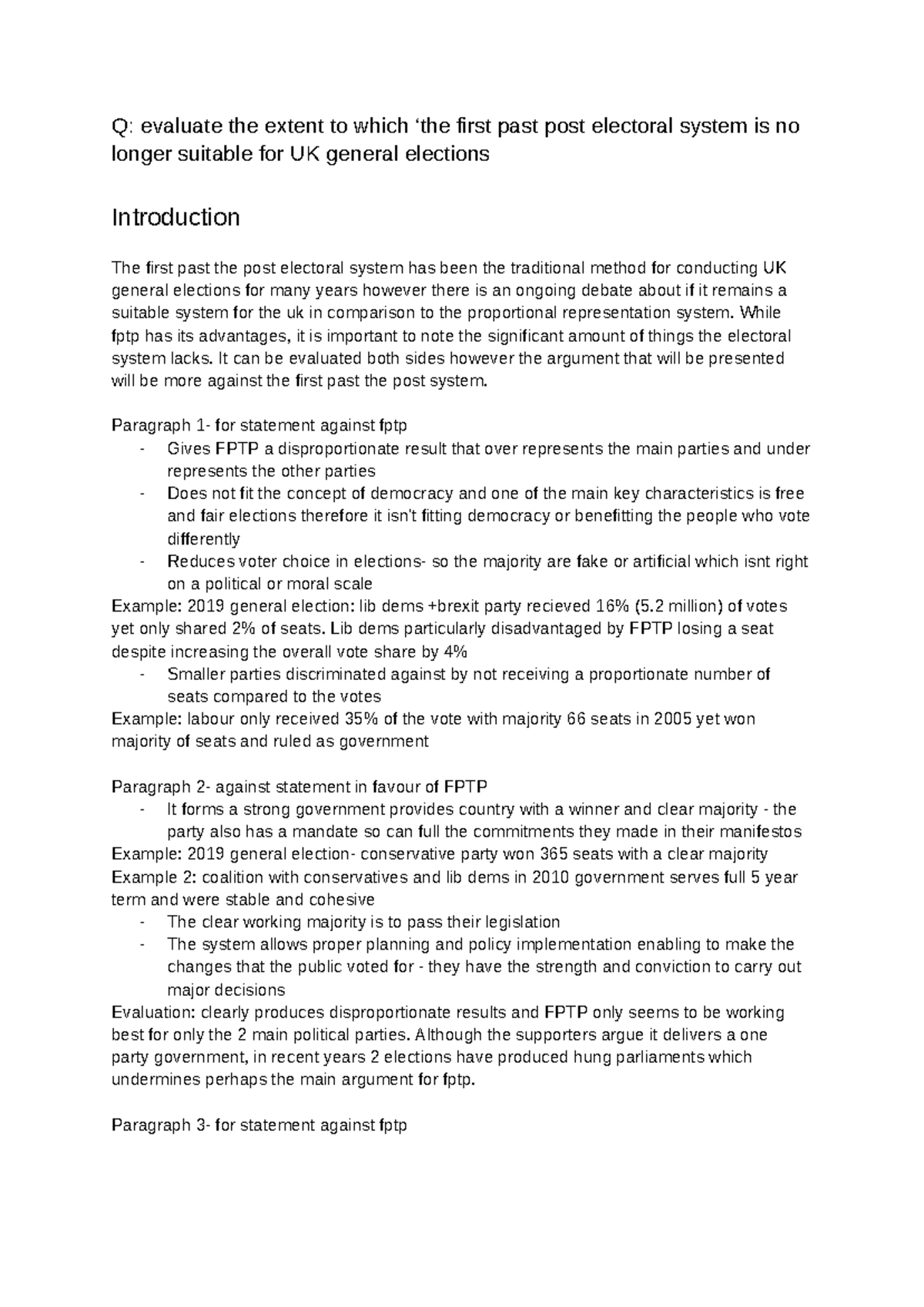 Fptp essay - Google Docs - Q: evaluate the extent to which ‘the first ...