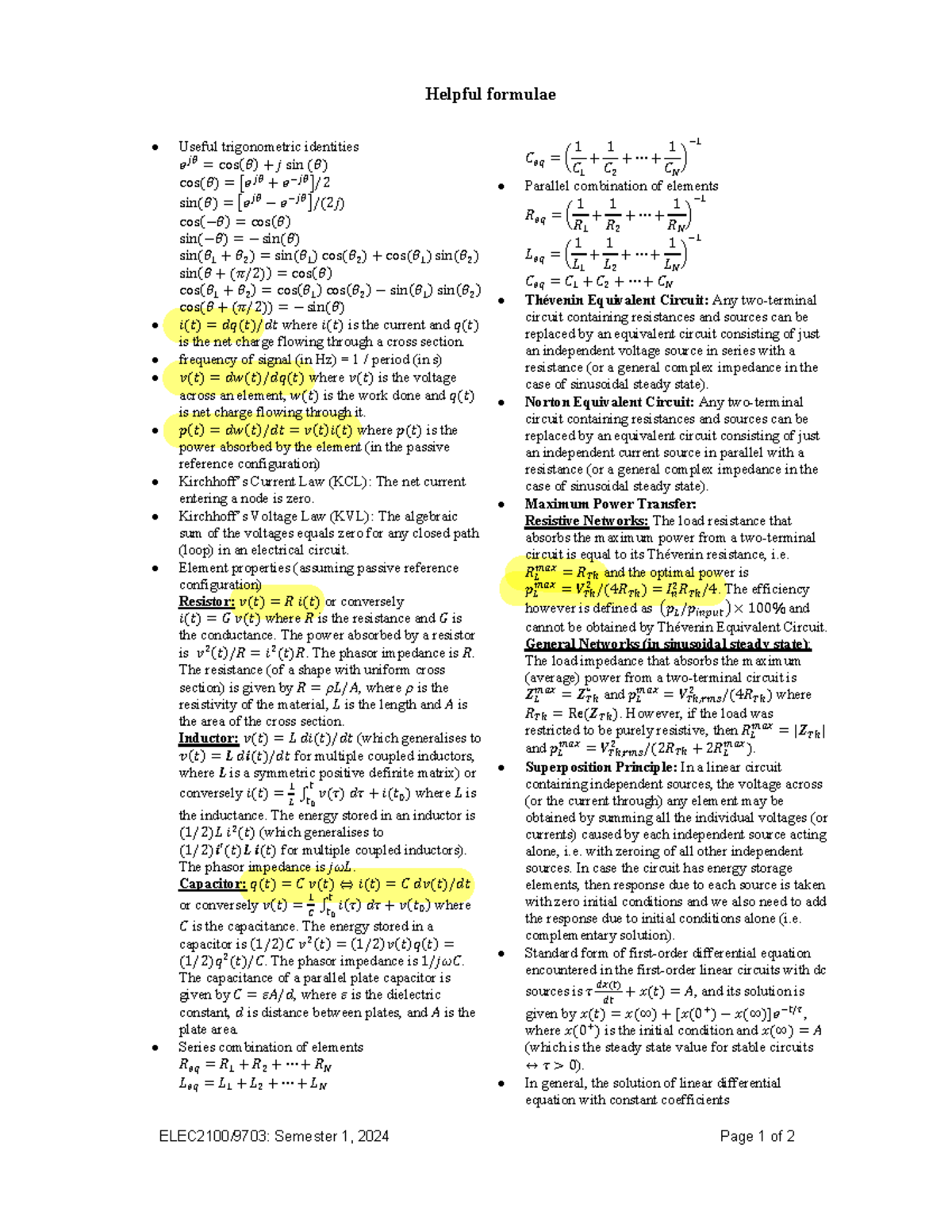 Final exam Formula Sheet ELEC2100 S1 2024 3 - ELEC2100/9703: Semester 1 ...
