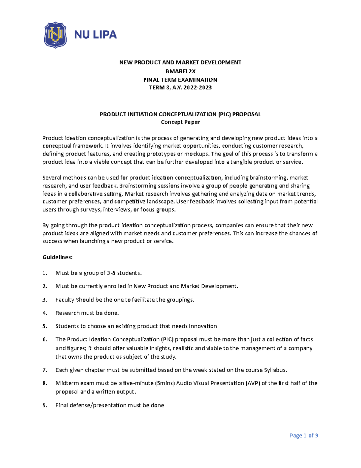 Concept Paper Final Term Examination - NEW PRODUCT AND MARKET ...