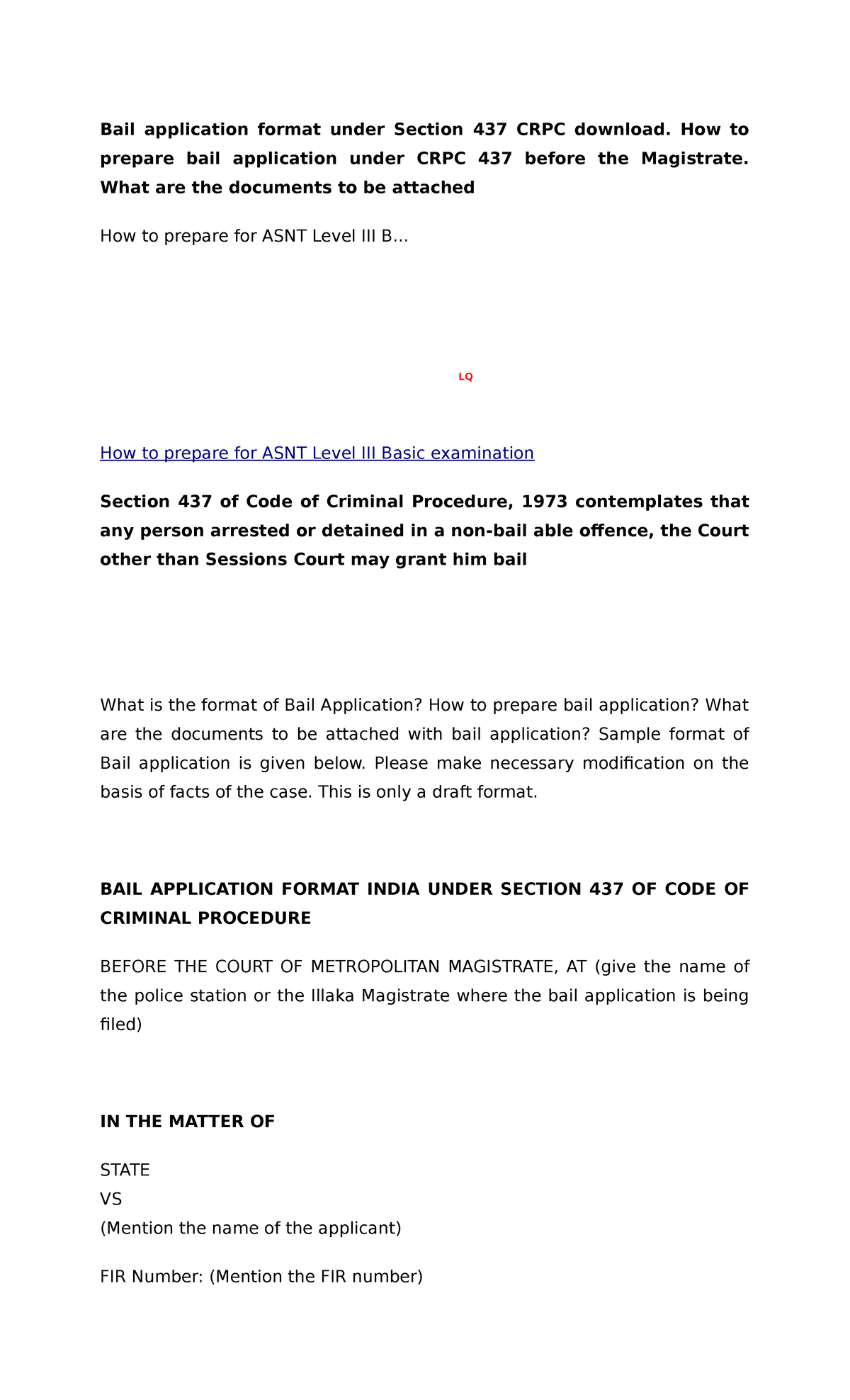 Bail Application Format Under Section 437 CRPC Download How To