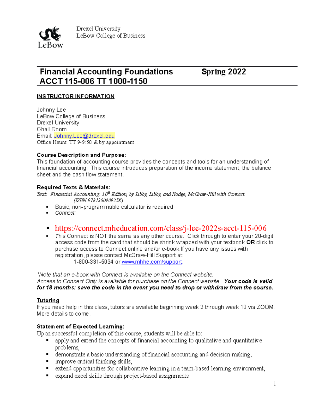 ACCT 115-006 Syllabus 2022S - LeBow College of Business Financial ...