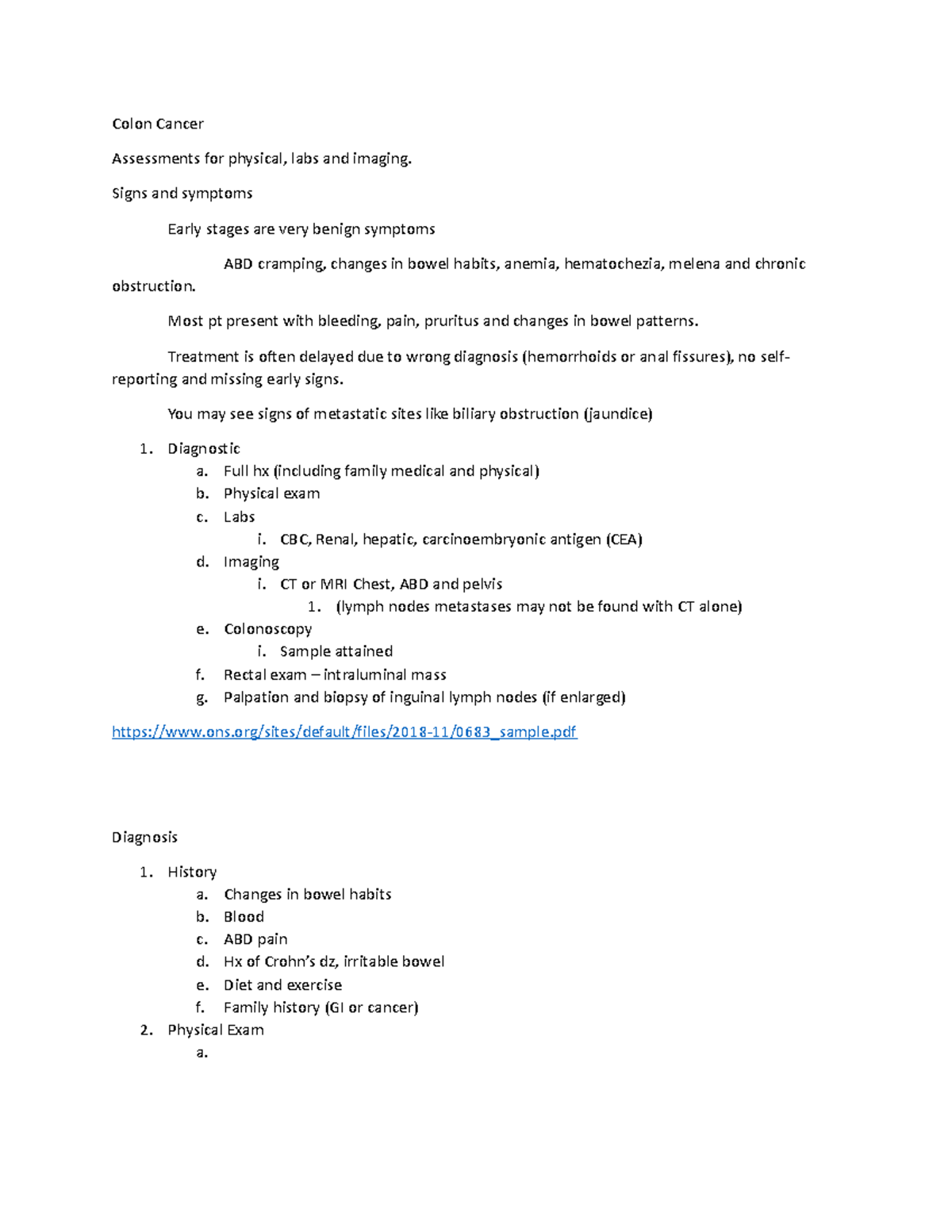 Colon Cancer - med surge notes - Colon Cancer Assessments for physical ...