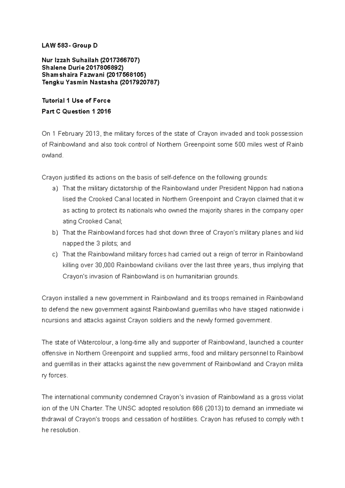 Sample USE OF Force corrected by Dr Ummi Hanni - LAW 583- Group D Nur ...