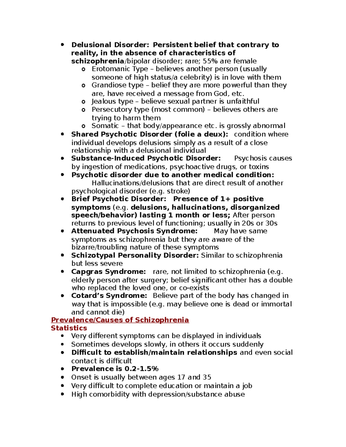 Abnormal psych final notes-12 - Delusional Disorder: Persistent belief ...