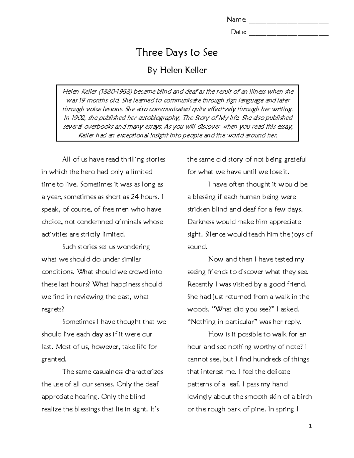 Three Days to See - 2018 - Three Days to See By Helen Keller All of us ...