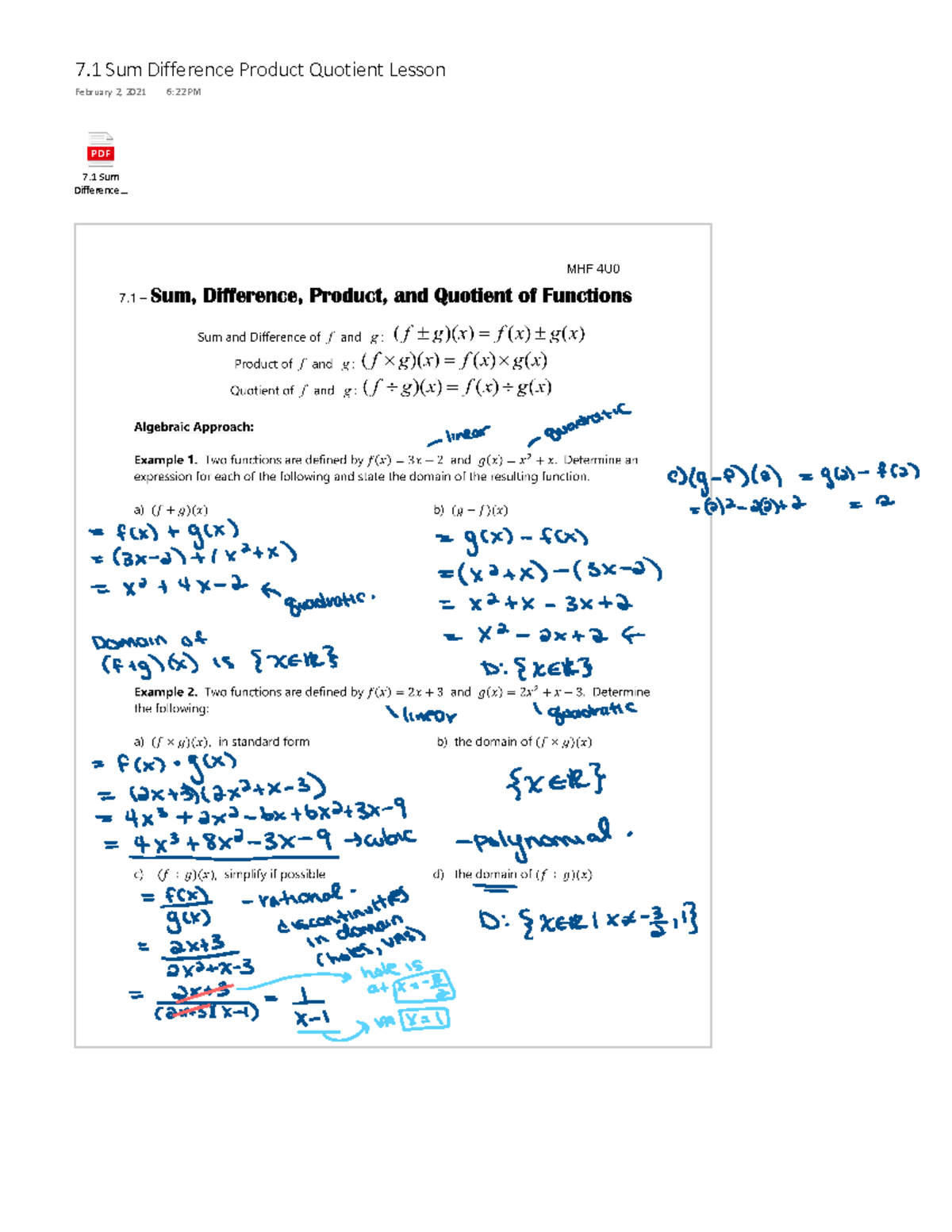 7.1 Filled Sum Difference Product Quotient Lesson - Math 1Ls3 - 7 Sum ...